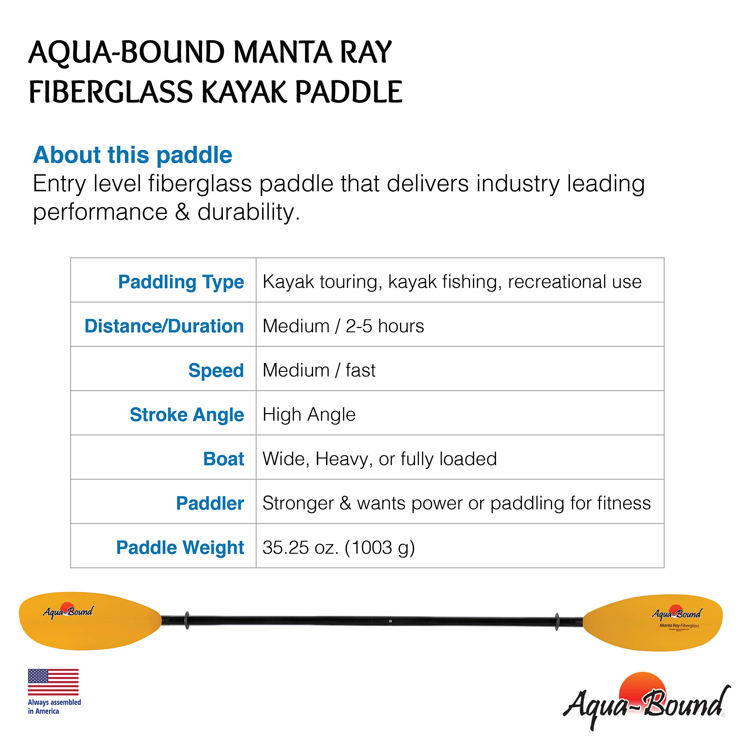 Aqua-Bound Manta Ray Fiberglass 2-Piece Snap-Button Kayak Paddle