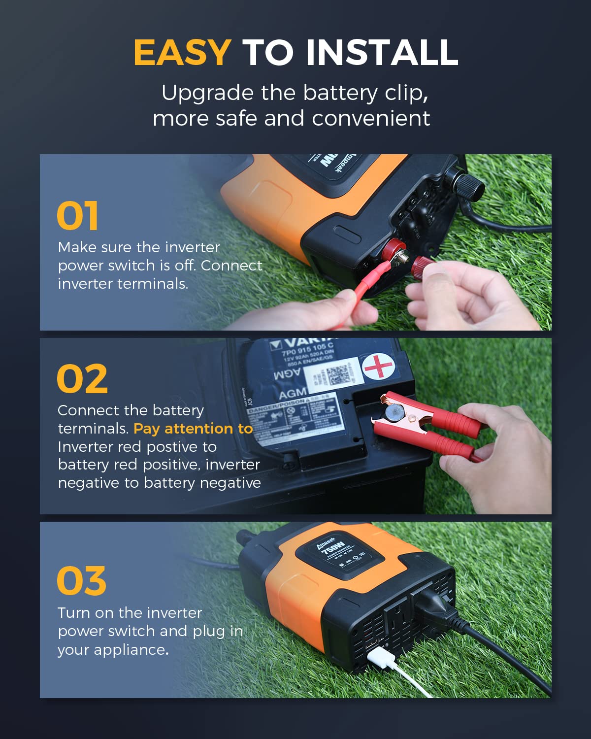 Ampeak 750W Power Inverter 4.8A Dual USB Ports 2 AC Outlets Car Inverter DC 12V to AC 110V 11 Protections for Devices