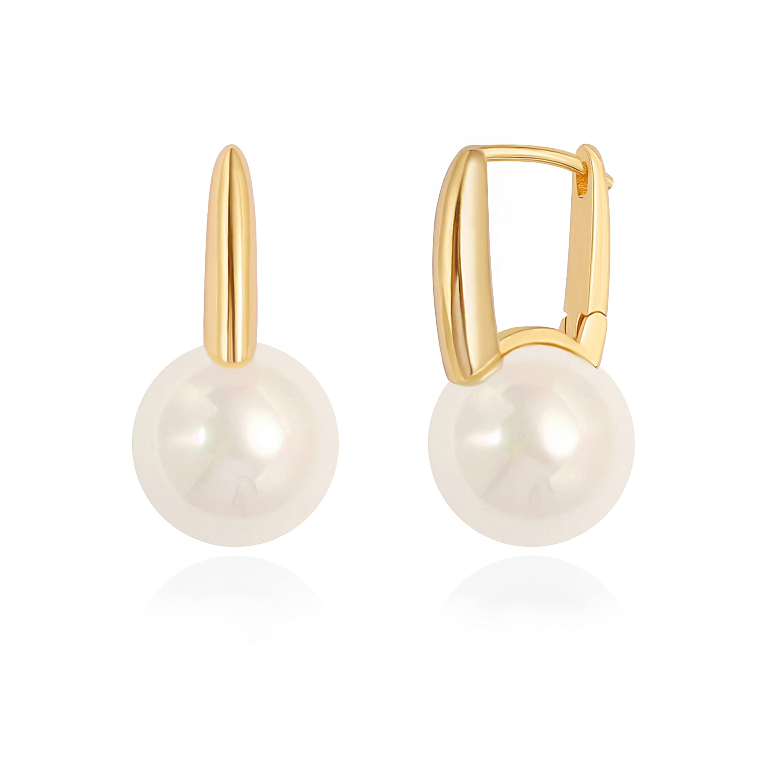 Aobei Pearl 18K Gold Plated Leverback Hoop Handpicked White Round Shell Pearl Drop Dangle Earring for Women Minimalist Simulated Pearl Ear Jewelry for Wedding Bridesmaids Gift