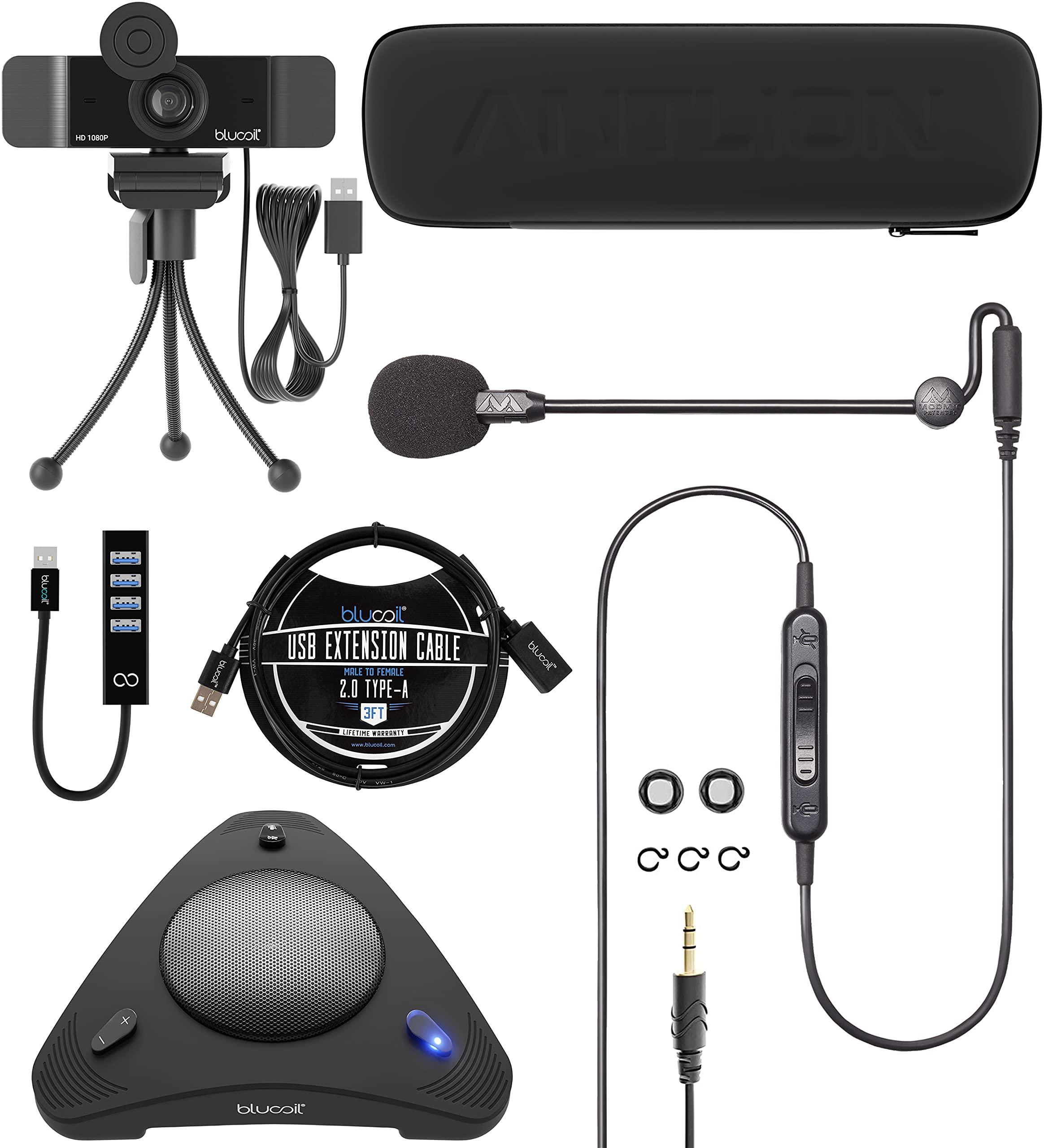 Antlion Audio ModMic Uni Attachable Noise-Cancelling Microphone with Mute Switch Bundle with Blucoil 1080p USB Webcam, USB Conference Speakerphone, USB-A Mini Hub, and 3' USB Extension Cable