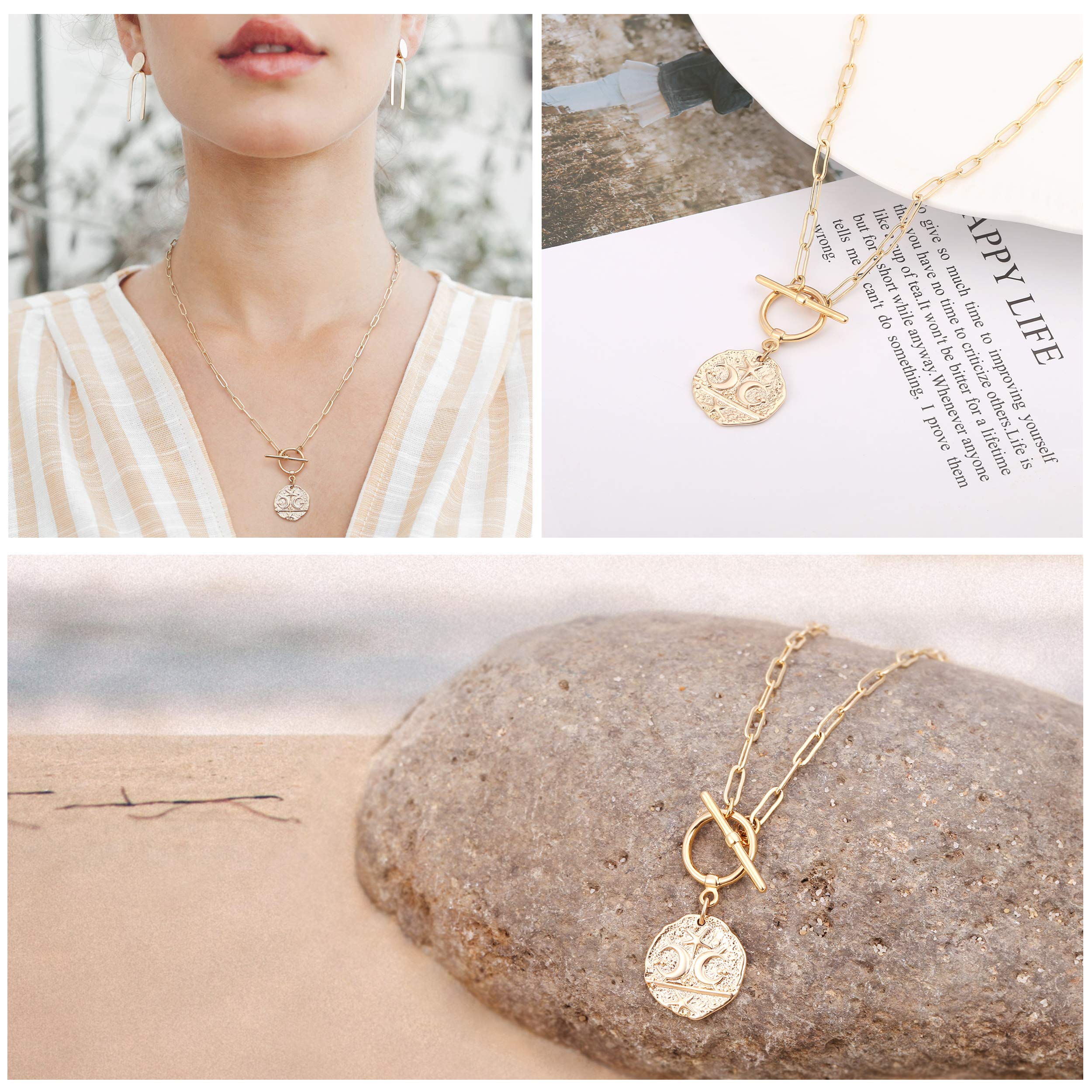 Aobei Pearl Moon and Star Medallion Pendant Necklace 18k Gold Oval Link Chain Choker Large Celestial Charm Layering Jewelry 20ββ