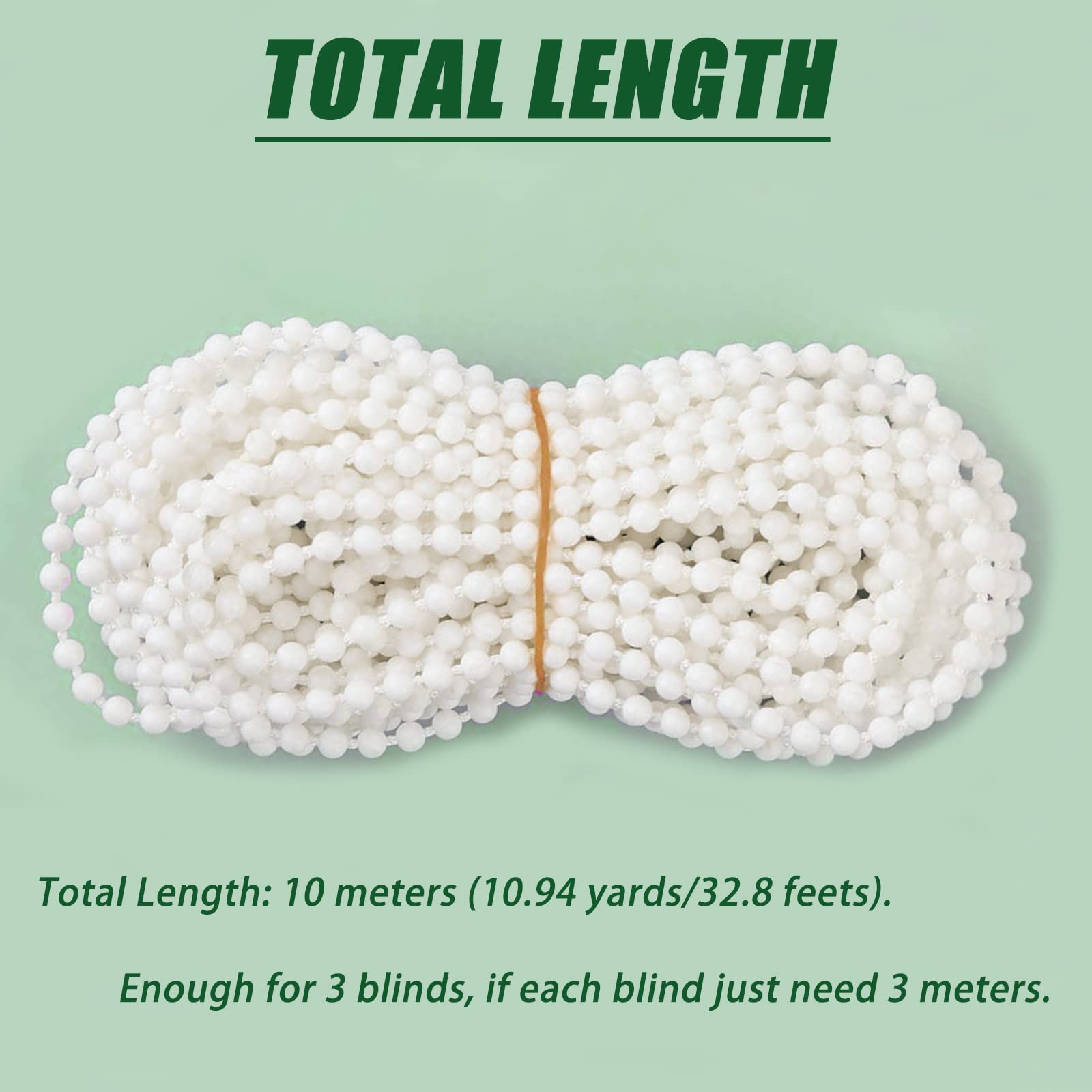 Antfly 10 Meters (32.8 Feet) Roller Blind Bead Chain Cord Roman Venetian Honeycomb Vertical Shade Blind Cord with 10 PCS Connectors for Roller Blind Replacement Parts White (Thickened Version)