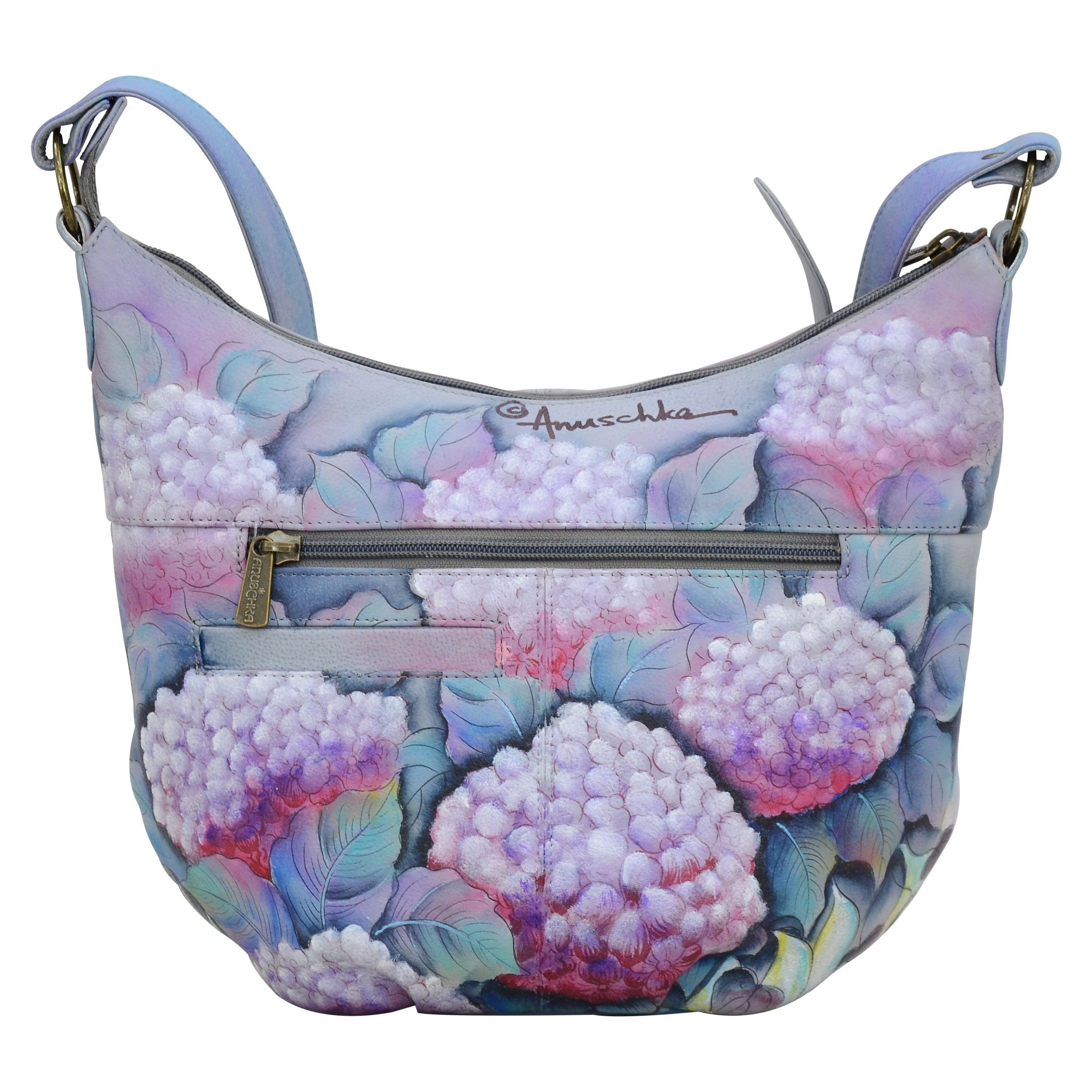 Anuschka Women’s Hand Painted Genuine Leather Classic Ruched Hobo - Hypnotic Hydrangeas