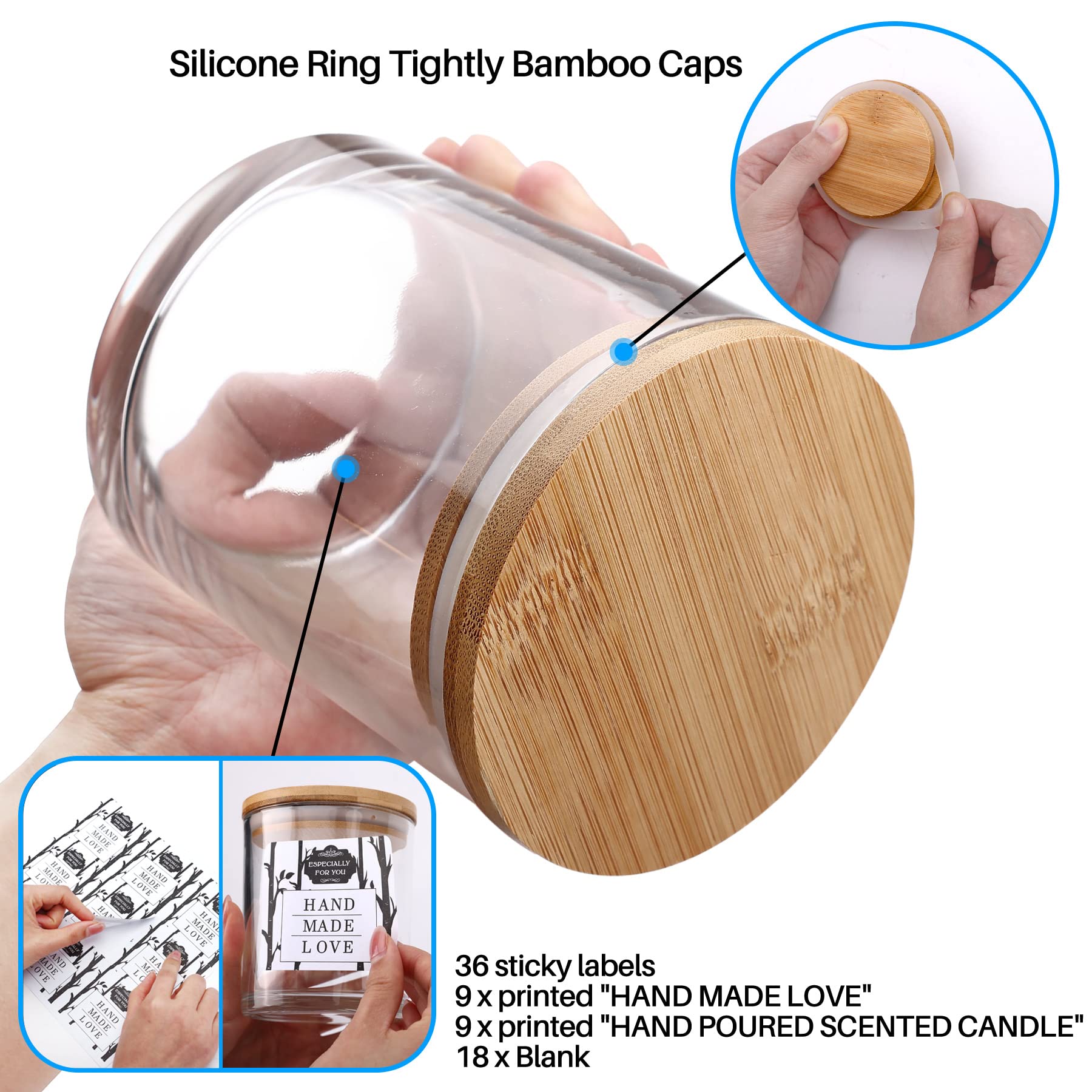 Aminigram 12 Pack, 12 OZ Clear Candle Jars with Bamboo Lids, Empty Glass Candle Jars for Making Candles, Morden Kitchen Bathroom Small Things Container - Bonus 36 Sticky Labels