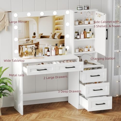 Irontar Makeup Vanity Desk with Charging Station, Farmhouse Makeup Desk with Lights Mirror and Drawers, Vanity Table with Side Cabinet, Dressing Table for Women, White WDT008W