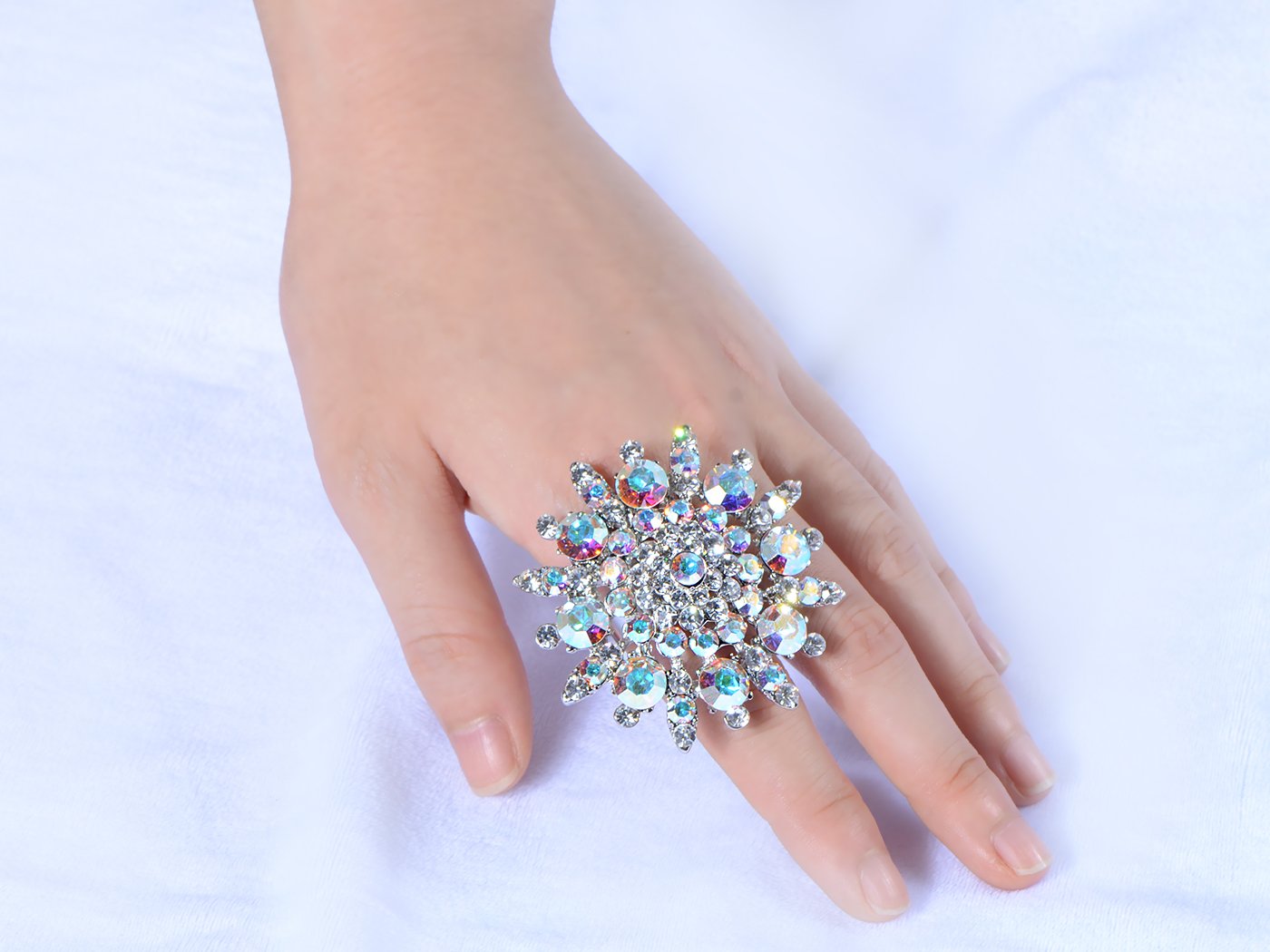 Alilang Adustable Silvery Tone Iridescent Clear Crystal Colored Rhinestones Floral Ring