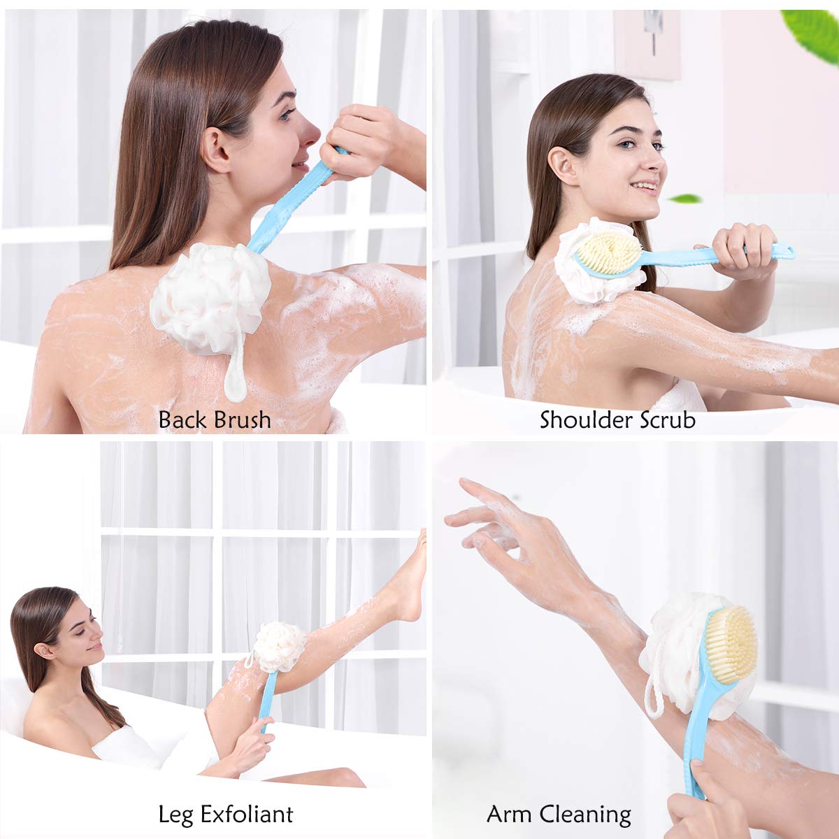 Back Scrubber for Shower, 1 Double-Sided Soft-Stiff Bristles Body Scrubber with Curved Long Handle, 1 Dry Brush, 1 Lotion Applicator for Back, Wet & Dry Brushing Body Exfoliating, Bath Brush 3 Pack