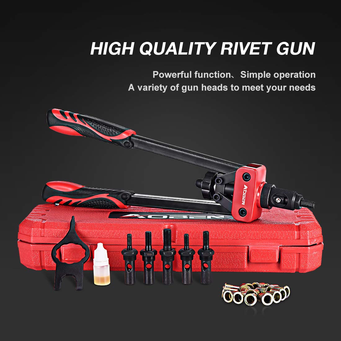 AOBEN 14" Rivet Nut Tool, Professional Hand Rivet Nut Setter Kit Labor-Saving and Compact Design Including 6 Interchangeable Mandrels 90pcs Rivnuts and 2 Mandrel Lock Pins