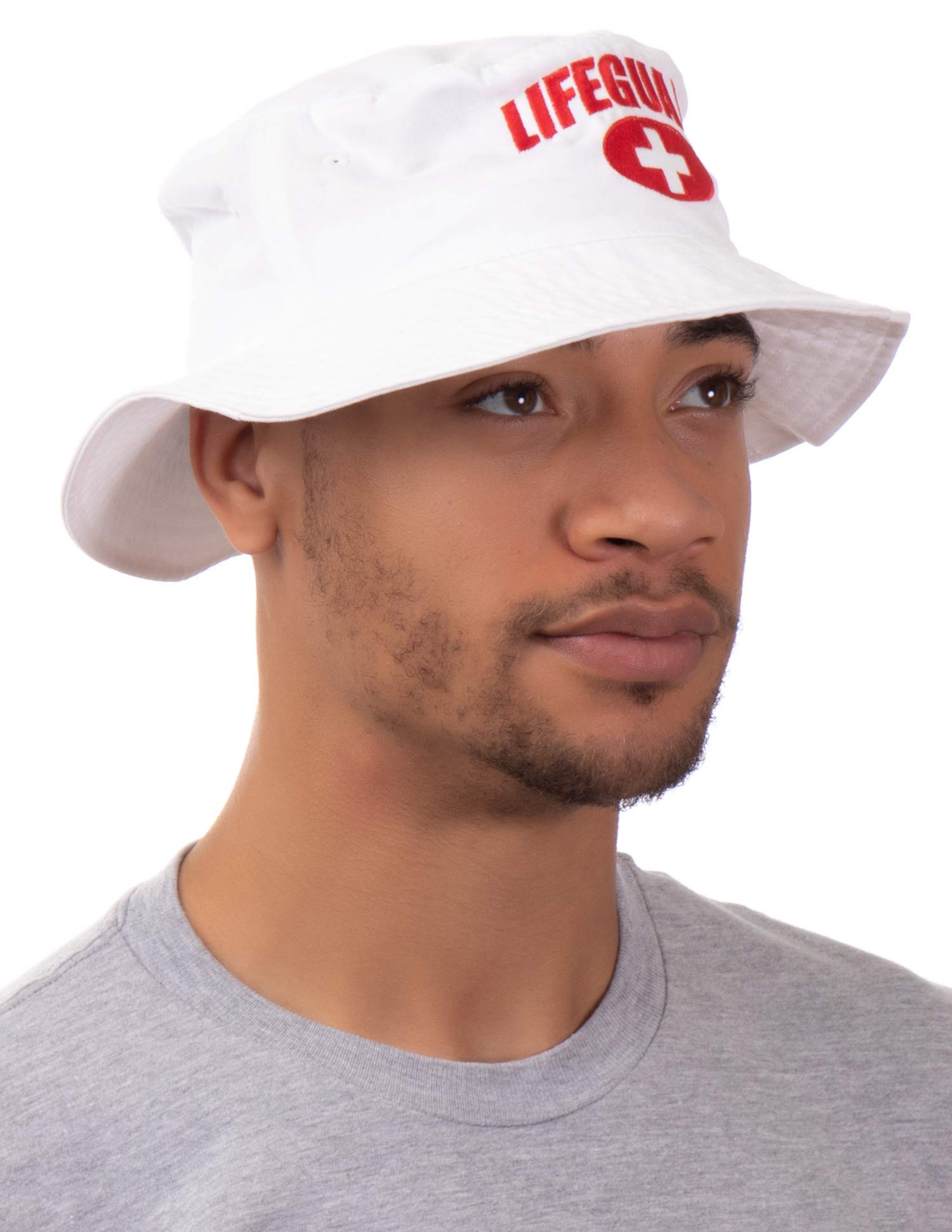 Ann Arbor T-shirt Co. Lifeguard Bucket Hat | Professional Guard Red Sun Cap Men Women Costume Uniform - White