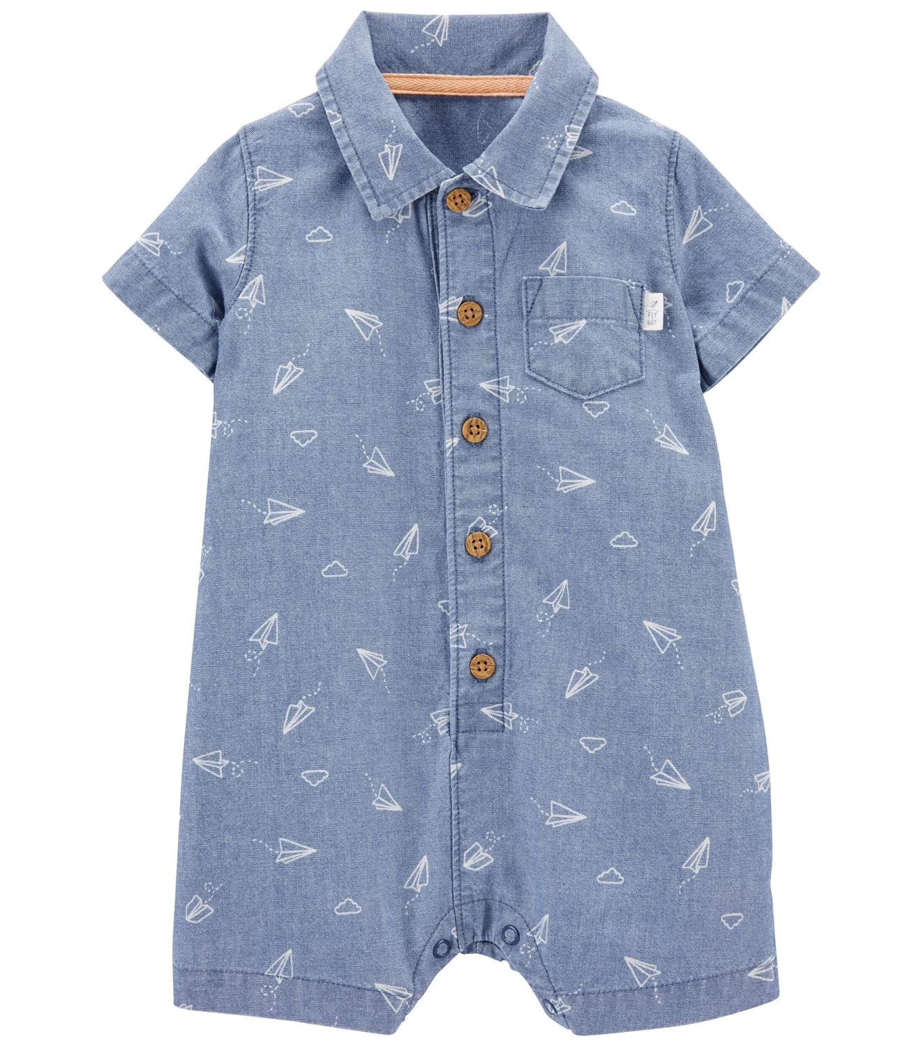 Carter's Baby Boys' One Piece Short Sleeve Romper (24 Months, Chambray/Plane)