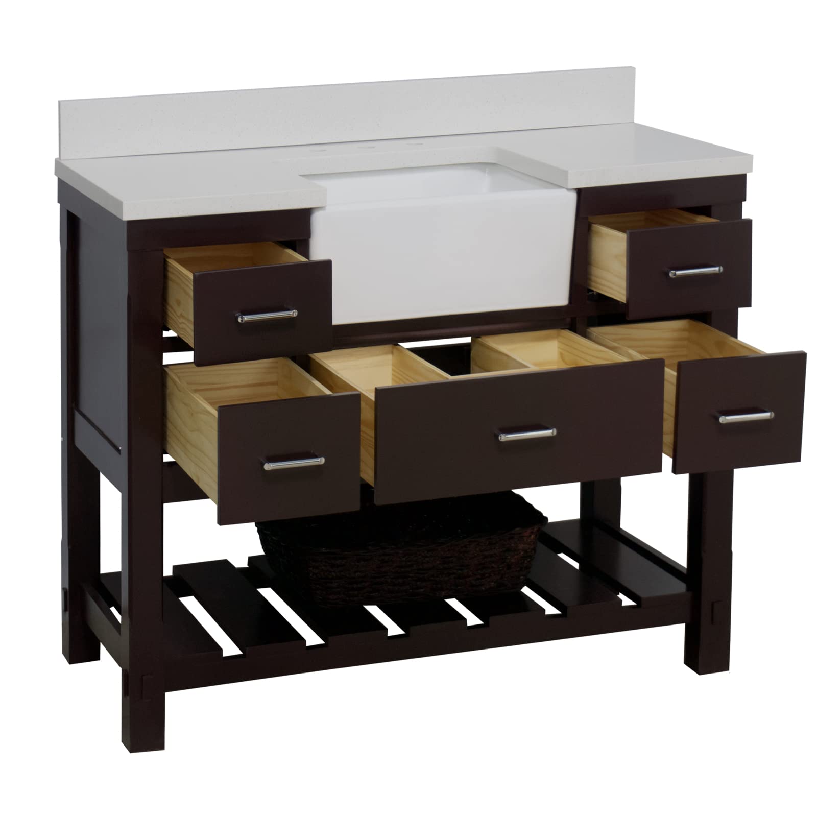 Charlotte 48-inch Bathroom Vanity (Quartz/Chocolate): Includes Chocolate Cabinet with Stunning Quartz Countertop and White Ceramic Farmhouse Apron Sink