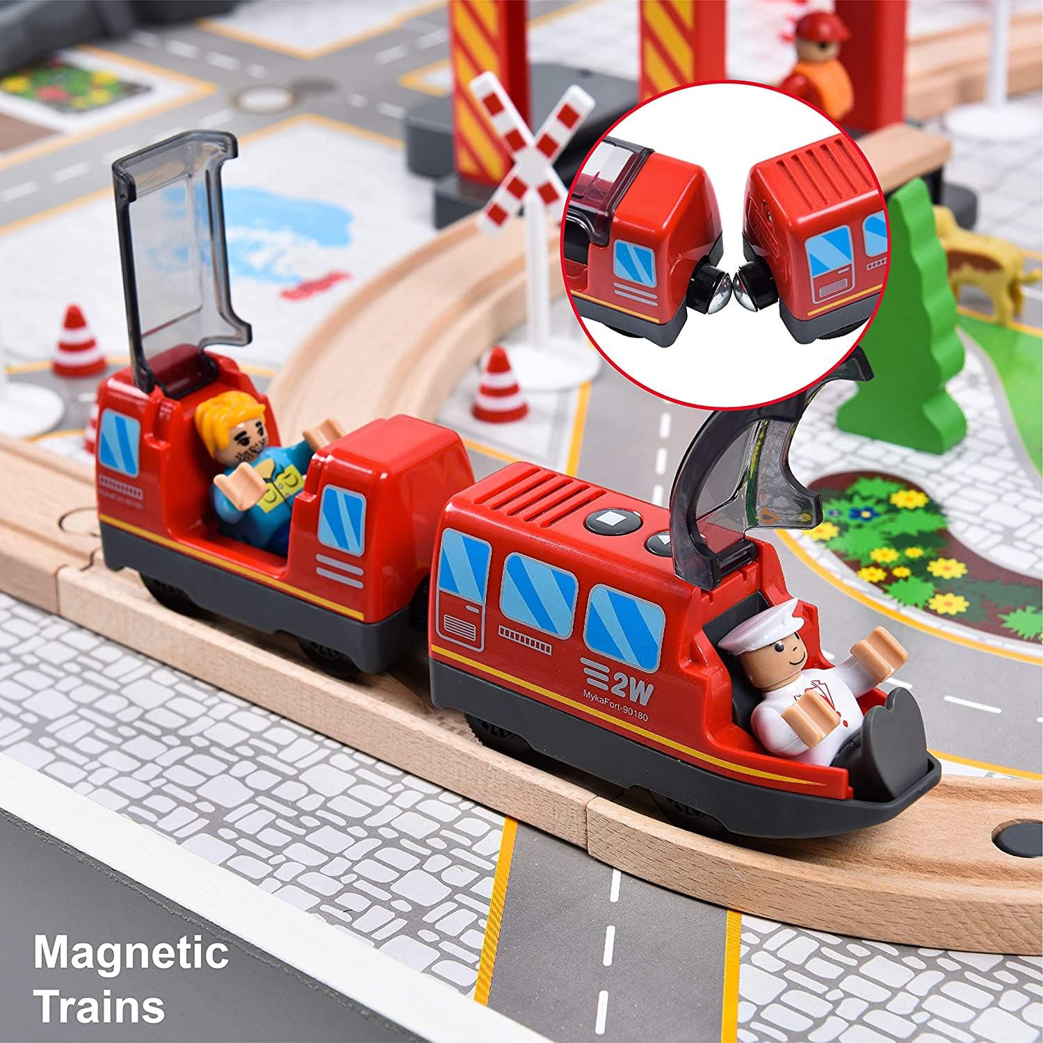 Giant bean Battery Operated Action Locomotive Magnetic Train Set for Wooden Train Tracks, Powerful Engine Compatible, Wood Train Track Toys for Kids 3+