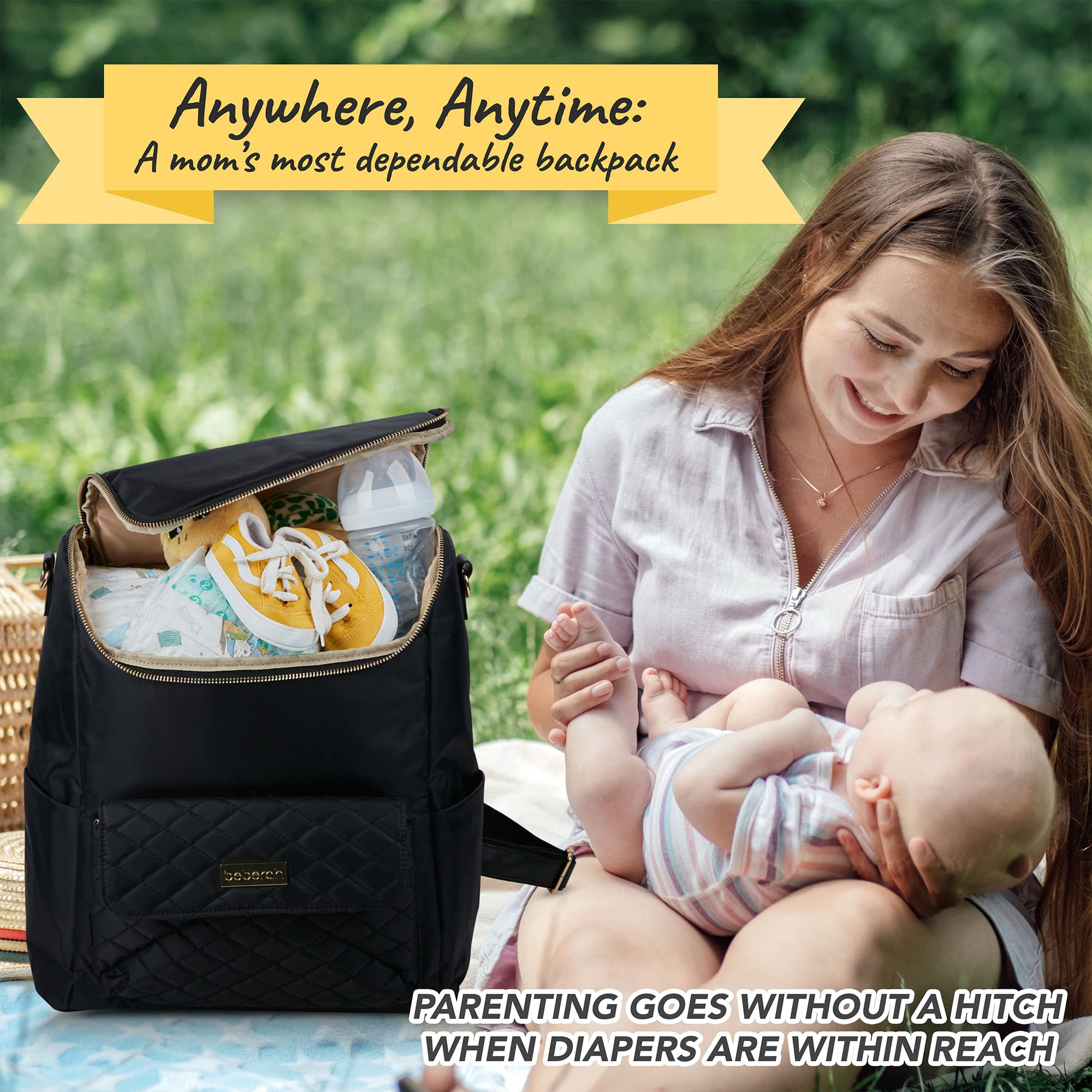 Backpack Diaper Bag in Black - Large Diaper Bag Backpack With Stroller Straps, Changing Pad - Stylish Backpack Diaper Bags for Moms - With Roomy Interior, Inside Pockets