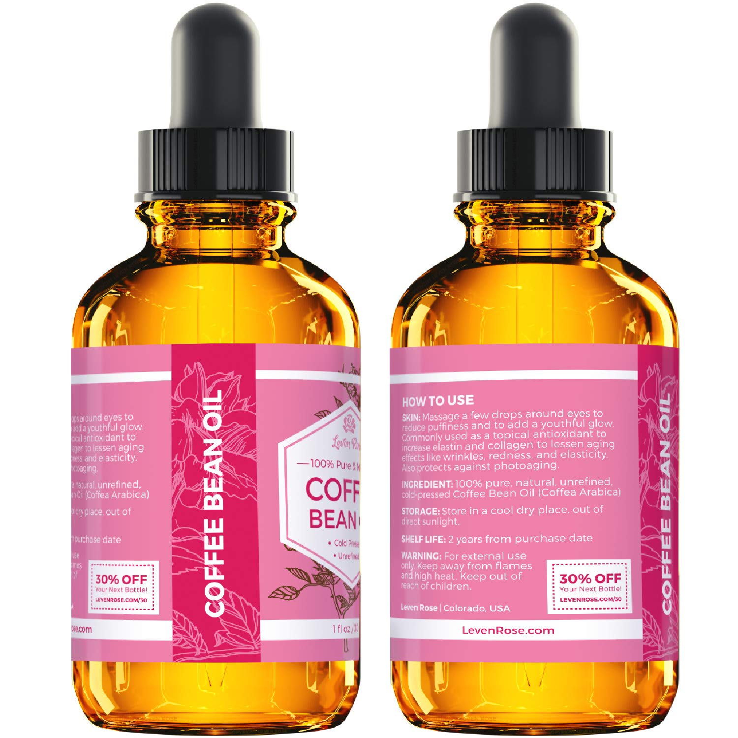 Leven Rose Coffee Bean Oil 1 oz - 100% Natural Cold Pressed Oil - Unrefined Coffee Oil for Skin and Hair