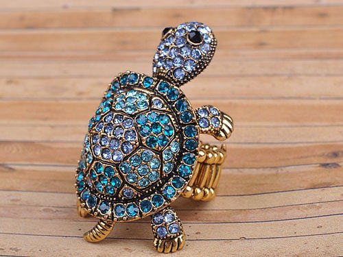 Alilang Golden Tone Shine Sapphire Blue Rhinestones Turtle Tortoise Adjustable Ring