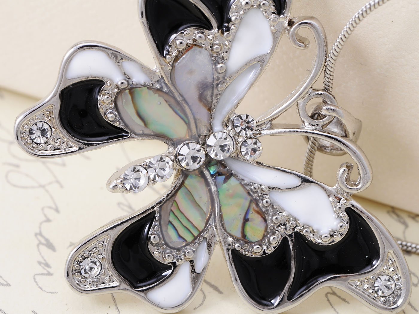 Alilang Silvery Tone Abalone Colored Stones Black White Butterfly Pendant Necklace