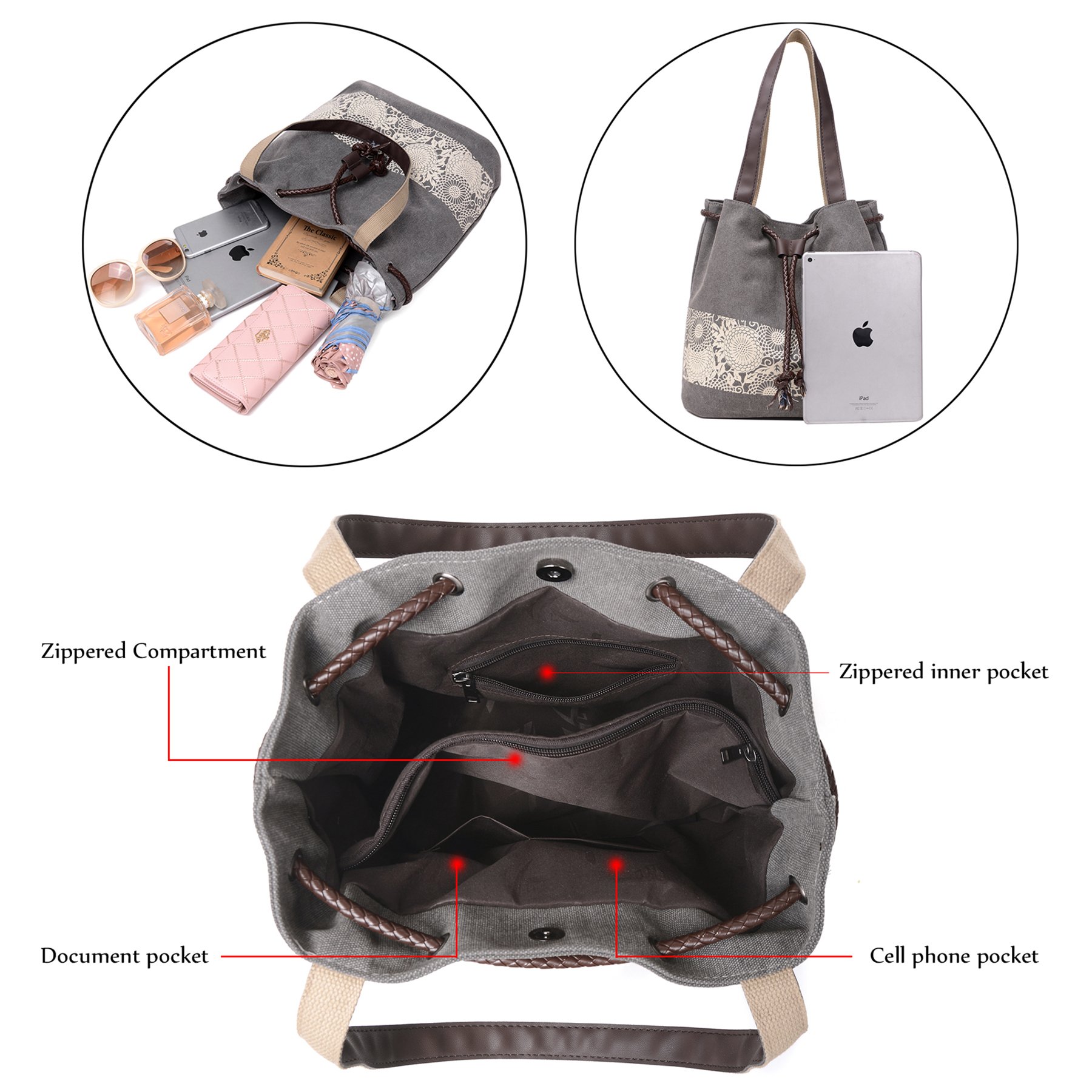 ArcEnCiel Canvas Tote Bag for Women Shoulder Purse Beach Handbags Work Travel Shopping Pack (Gray)