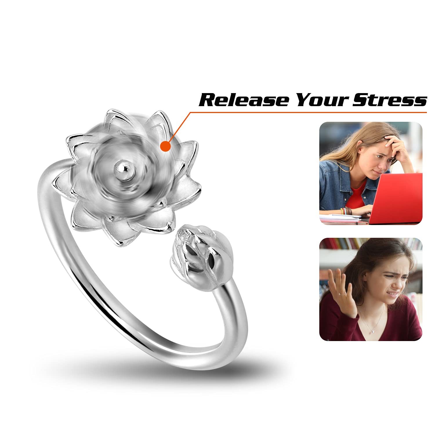 990 Silver Fidget Ring [Lotus Version] for women and girls, adjustable size anxiety relief gift for her (with premium black-green box)