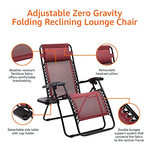 Amazon Basics Outdoor Textilene Adjustable Zero Gravity Folding Reclining 3-Piece Lounge Chair Set with Side Table, 37 x 10 x 26 inches, Red