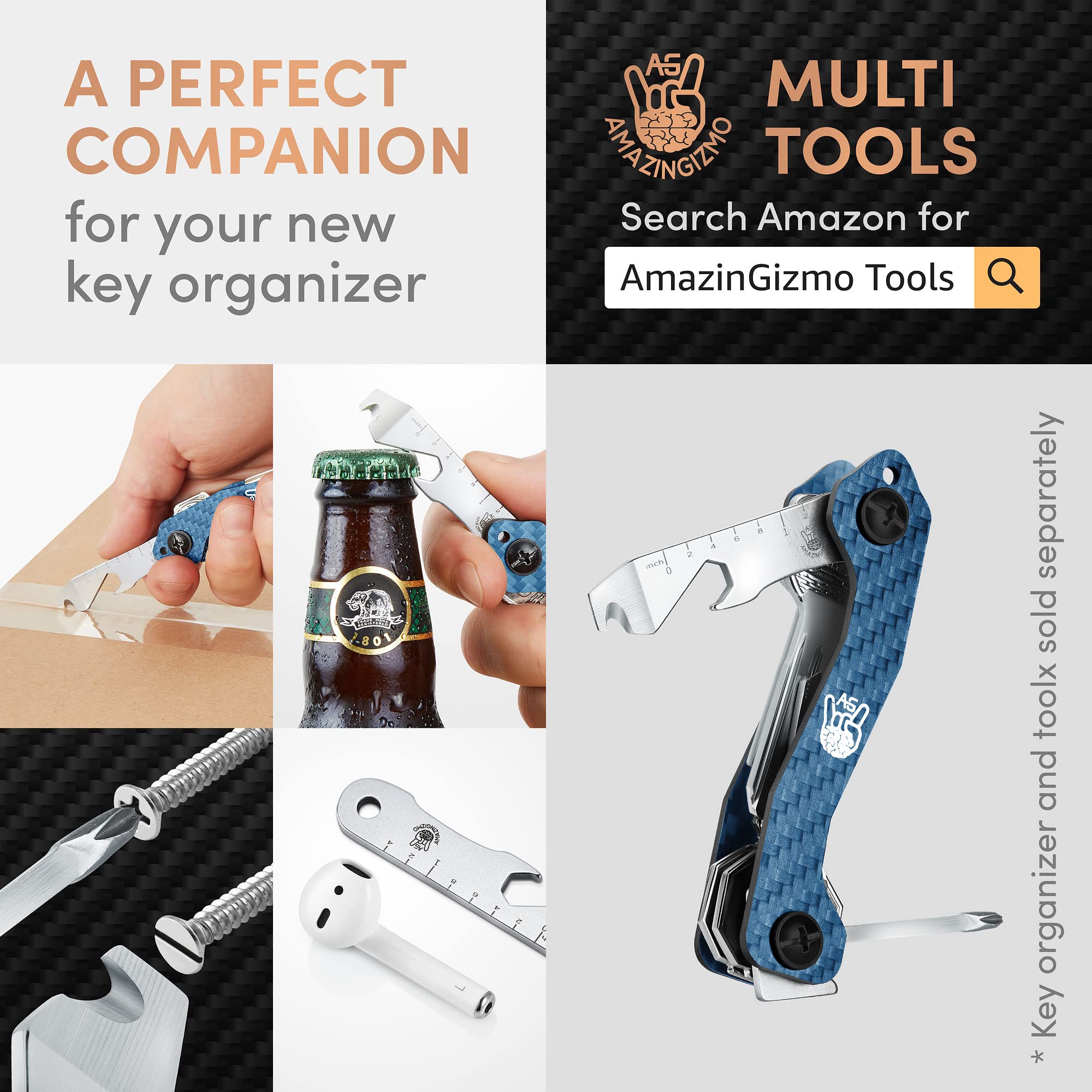 AmazinGizmo Folding Key Holder & Key Organizer Keychain - House & Car Compact Blue Slim Multi Key Chain with Pocket Clip & Carabiner - up to 12 Keys & More