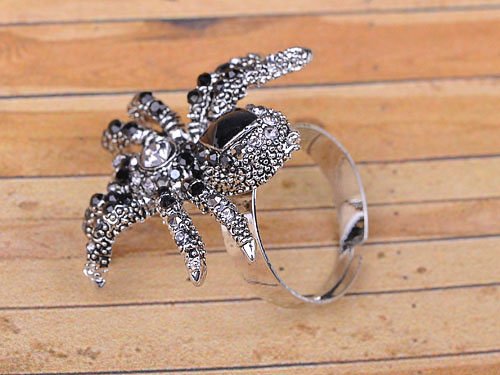 Alilang Women's Gunmetal Black Crystal Rheinstone Tarantula Spider Halloween Costume Adjustable Ring