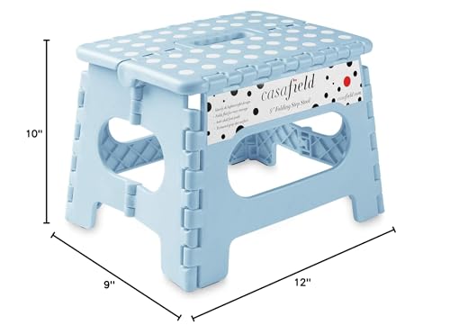Casafield 9" Folding Step Stool with Handle, Blue - Portable Collapsible Small Plastic Foot Stool for Kids and Adults - Use in The Kitchen, Bathroom and Bedroom