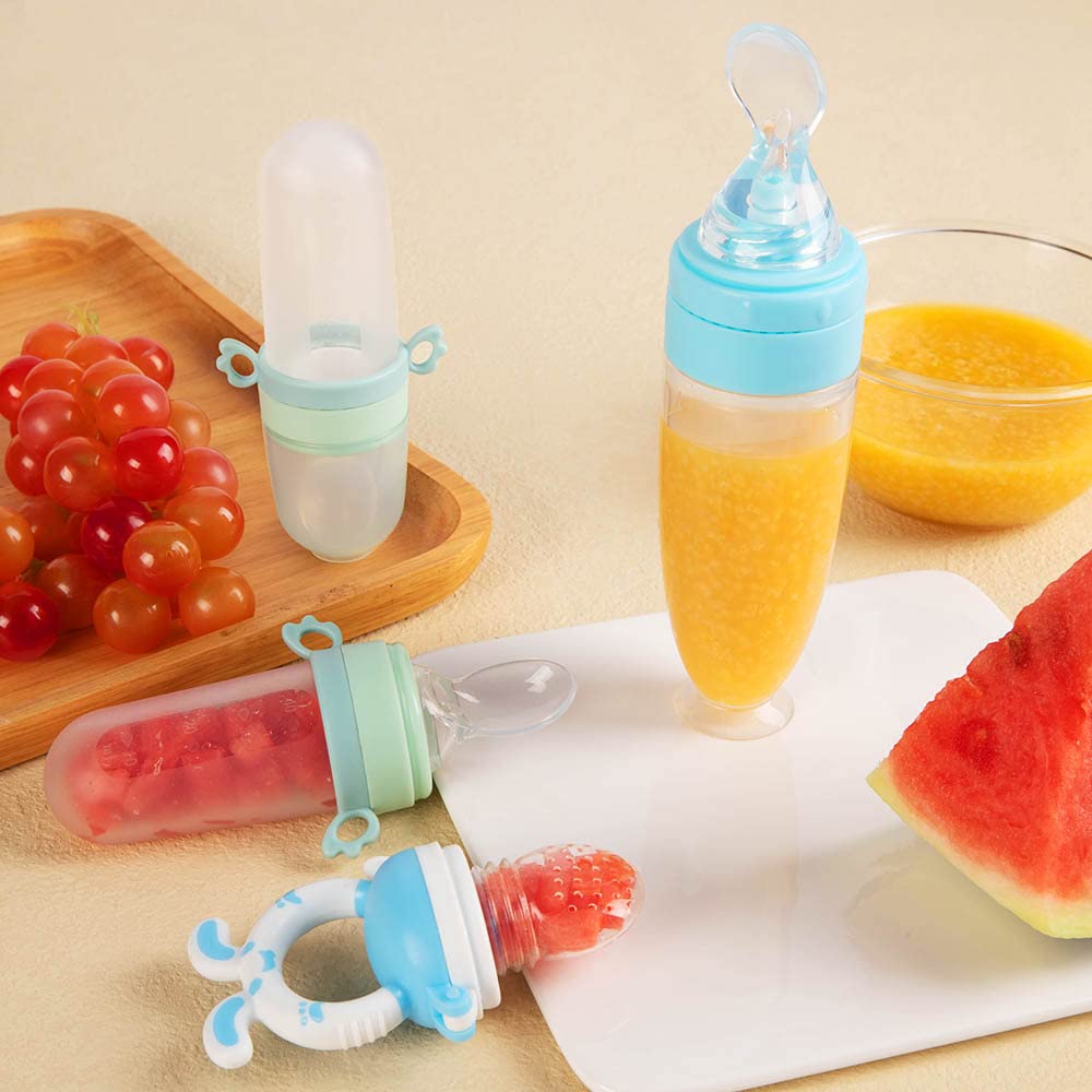Baby Food Feeder - 2 Baby Fruit Pacifiers & 1 Soft Silicone Squeeze Spoon Bottle for Baby First to Second Feeding - Infant Food Dispensing and Feeding