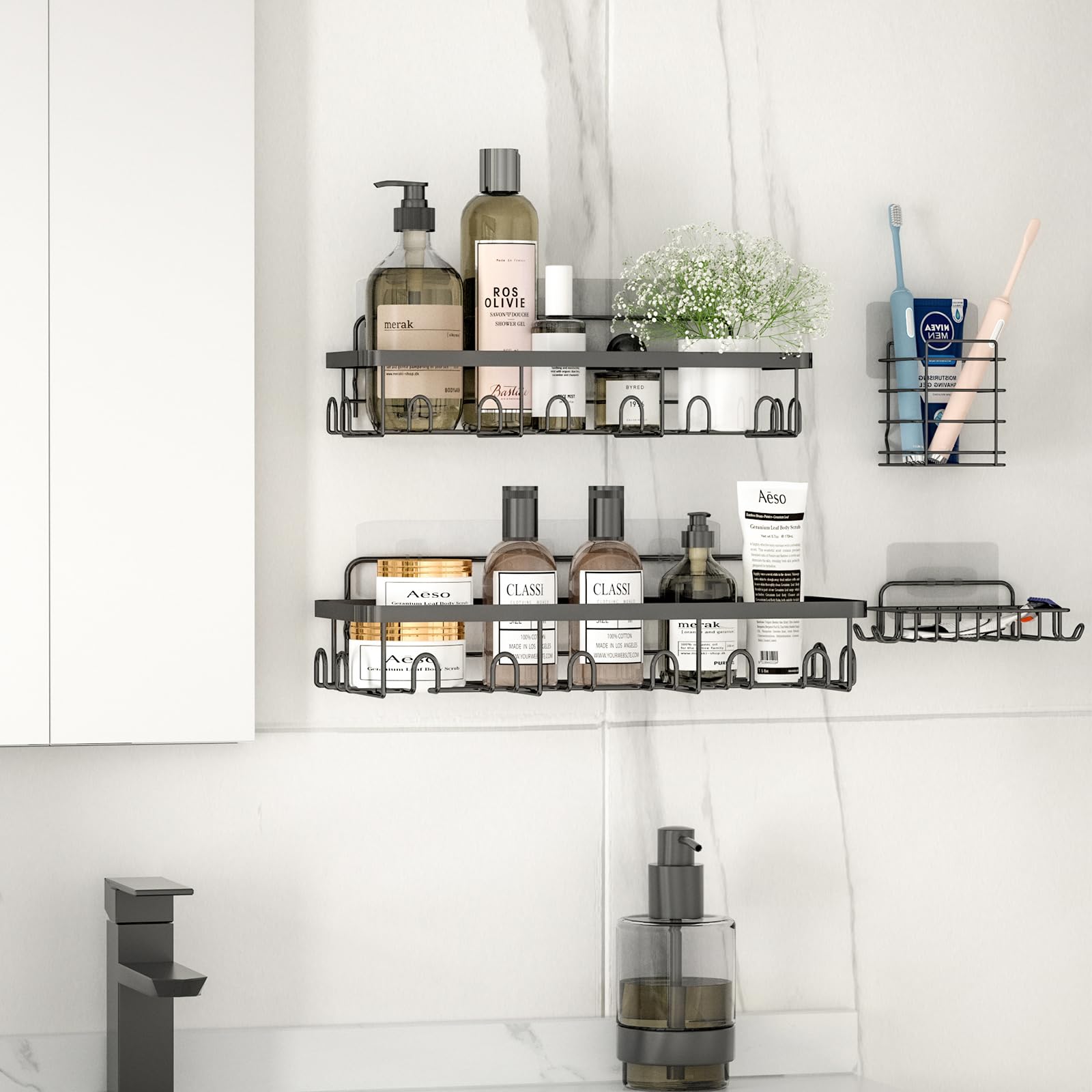 RNIDUTA Shower Caddy Basket Shelf with Soap Holder, 4 Pack Adhesive Shower Organizer, Stainless Steel Shower Shelf for Inside Shower, No Drill Rustproof Bathroom Shower Storage Organizer, Black