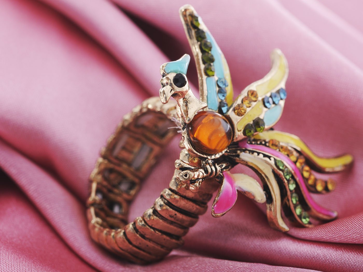 Alilang Womens Elastic Antique Gold Rhinestones Colorful Phoenix Bird Ring
