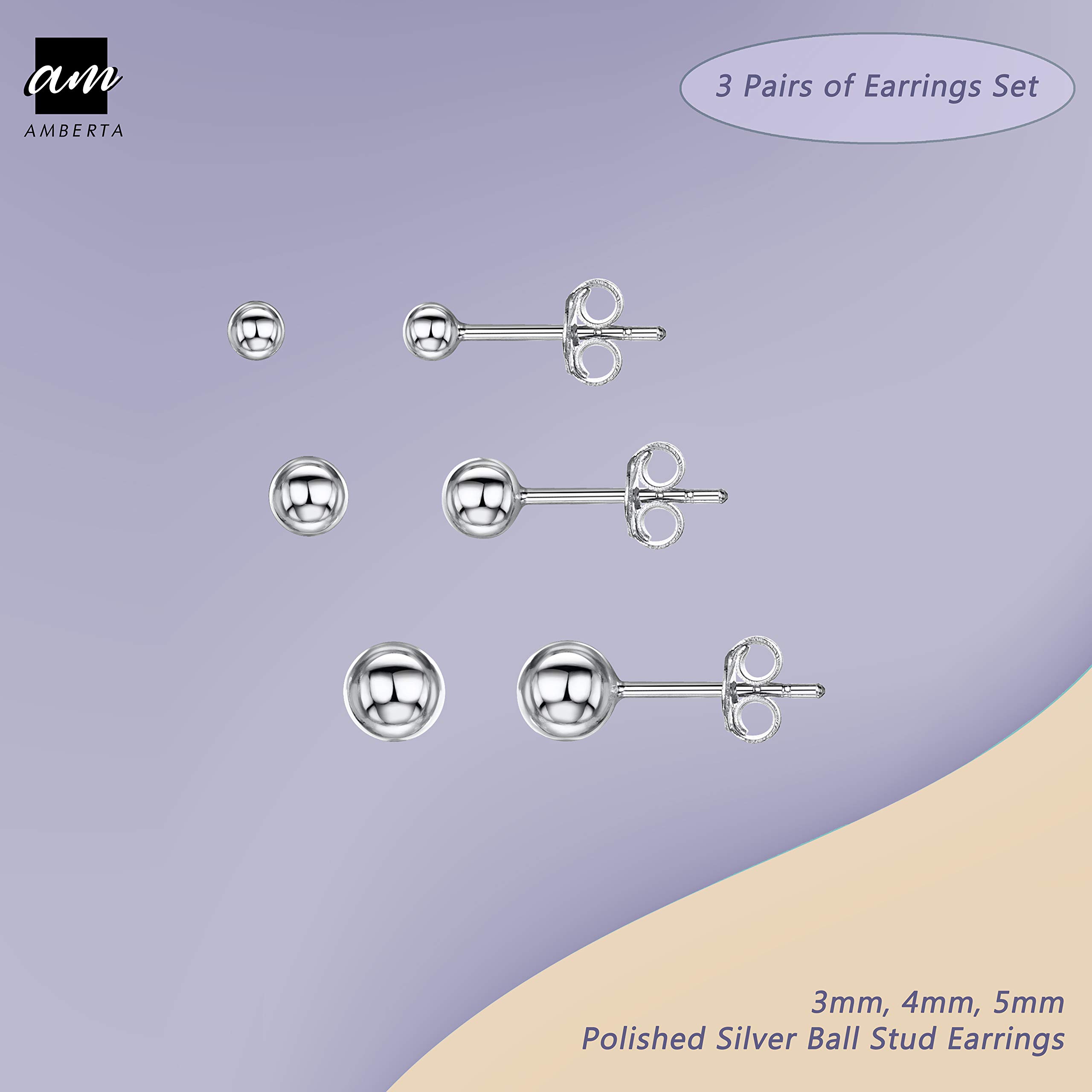Amberta Women's 925 Sterling Silver Stud Earrings Set: Tiny Ear Piercing Studs with 2mm CZ Cubic Zirconia Cristals (Set of 4/2 pairs)