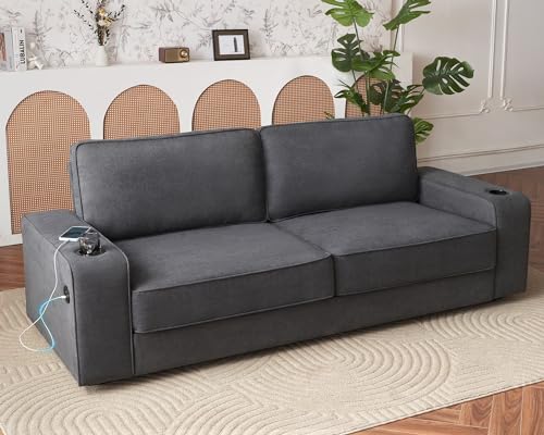 VanAcc Couch, 89 Inch Deep Seat Sofa with USB Charging Ports & Cup Holders, Modern Sofa Couch- Comfy Couch for Living Room (Charcoal Grey Chenille)