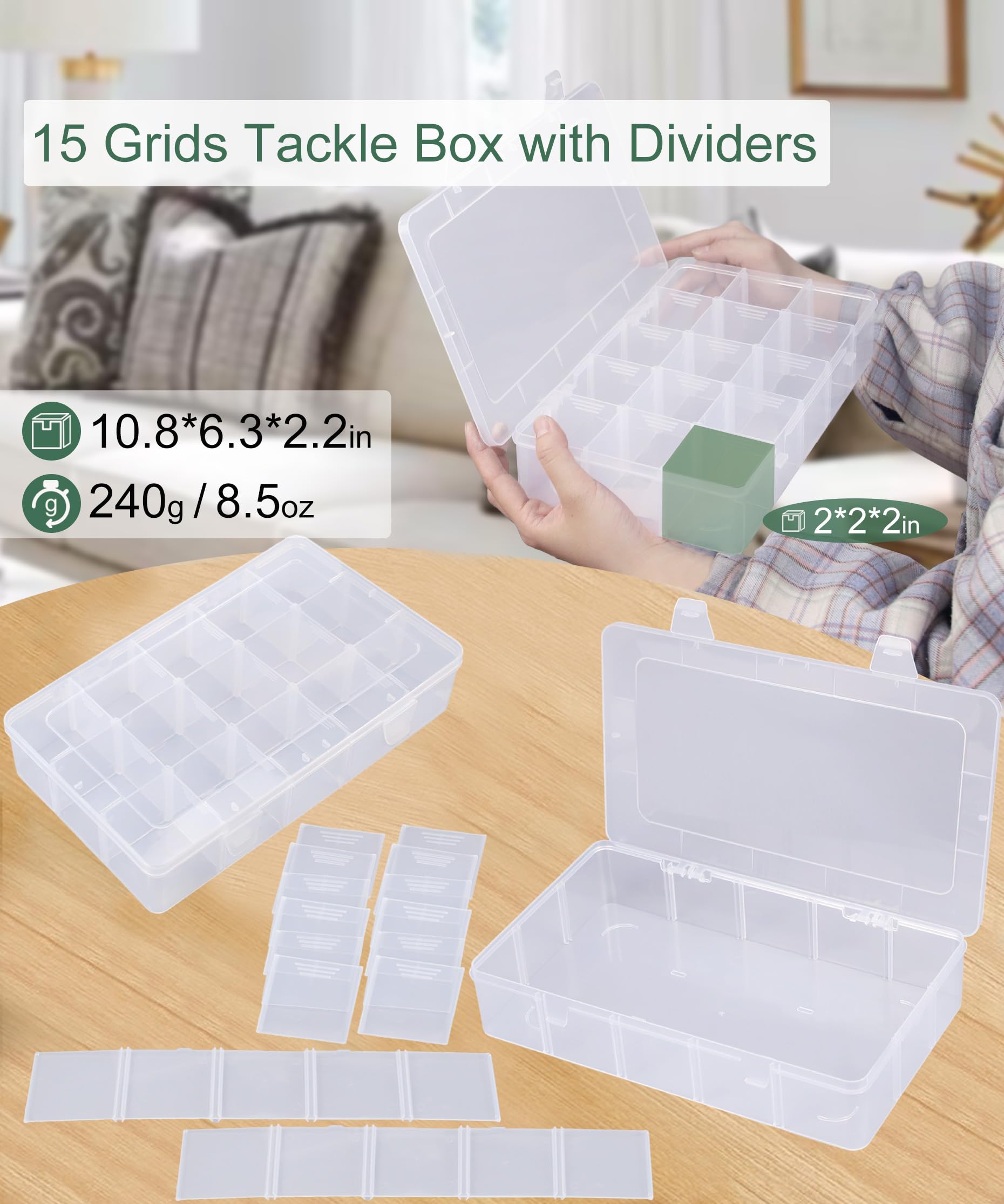 Uxwuy Tackle Box Organizer Washi Tape Storage Container Snackle Box Charcuterie Container Bead Organizer Plastic Storage Box with Dividers 2PCS 15 Grid Tackle Box Snack Containers Sticker Organizer