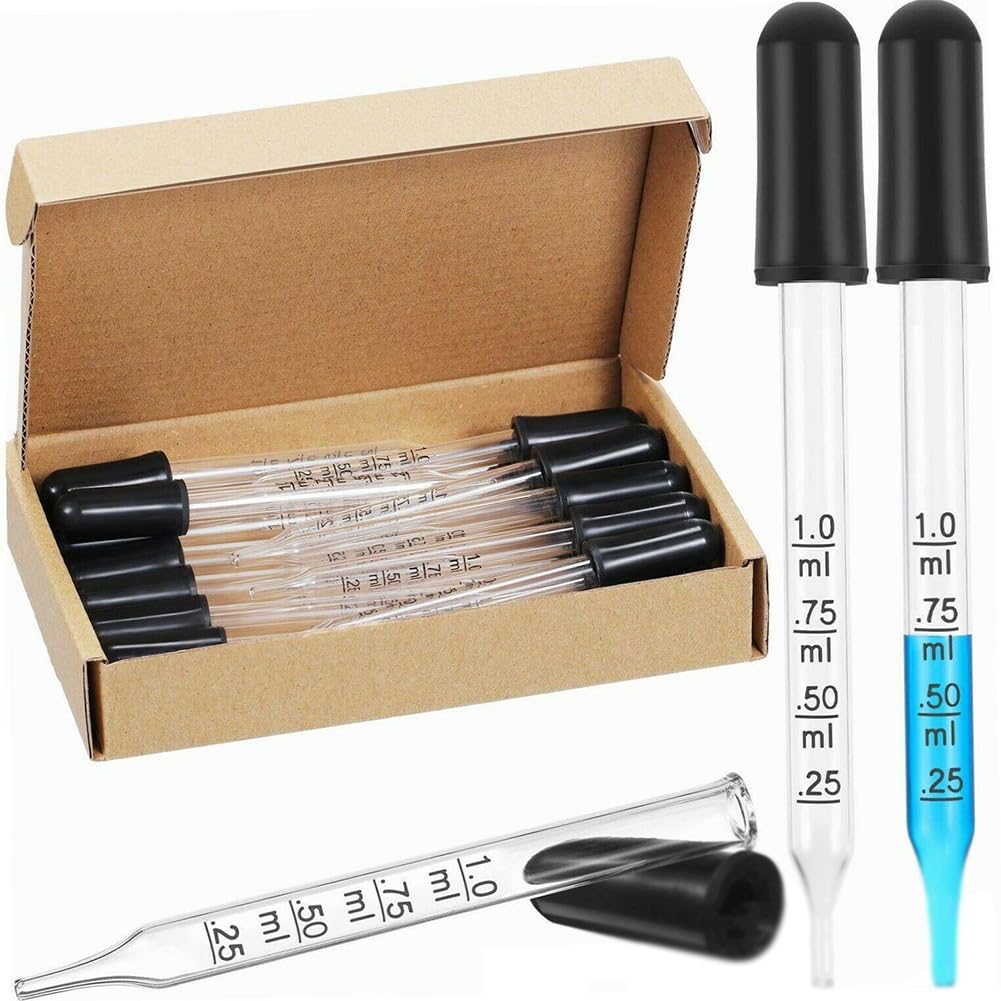 ccHuDE 10 Pcs 1ml Straight Tip Droppers Glass Eye Droppers Liquid Measuring Droppers Lab Dropping Pipettes Essential Oil Droppers with Black Rubber Head
