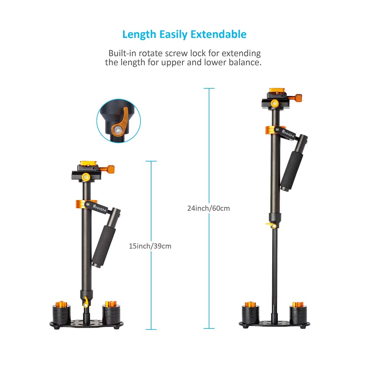 ANNSM Upgraded HS60r Professional 24β/60cm Video Camera Handheld Stabilizer for DSLR Cameras/Camcorders/Home DV/Smartphones/iPhones Height/Weight Adjustable with Extra Weight Plates in Orange Color