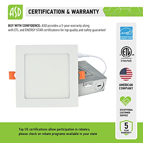ASD Ultra Thin Square LED Recessed Lighting 6 Inch, 3000K-4000K-5000K Color Temperature Options, 12W 840Lm Dimmable LED Downlight, Canless LED Recessed Light, IC & Damp Rated,ETL,Energy Star (6-Pack)