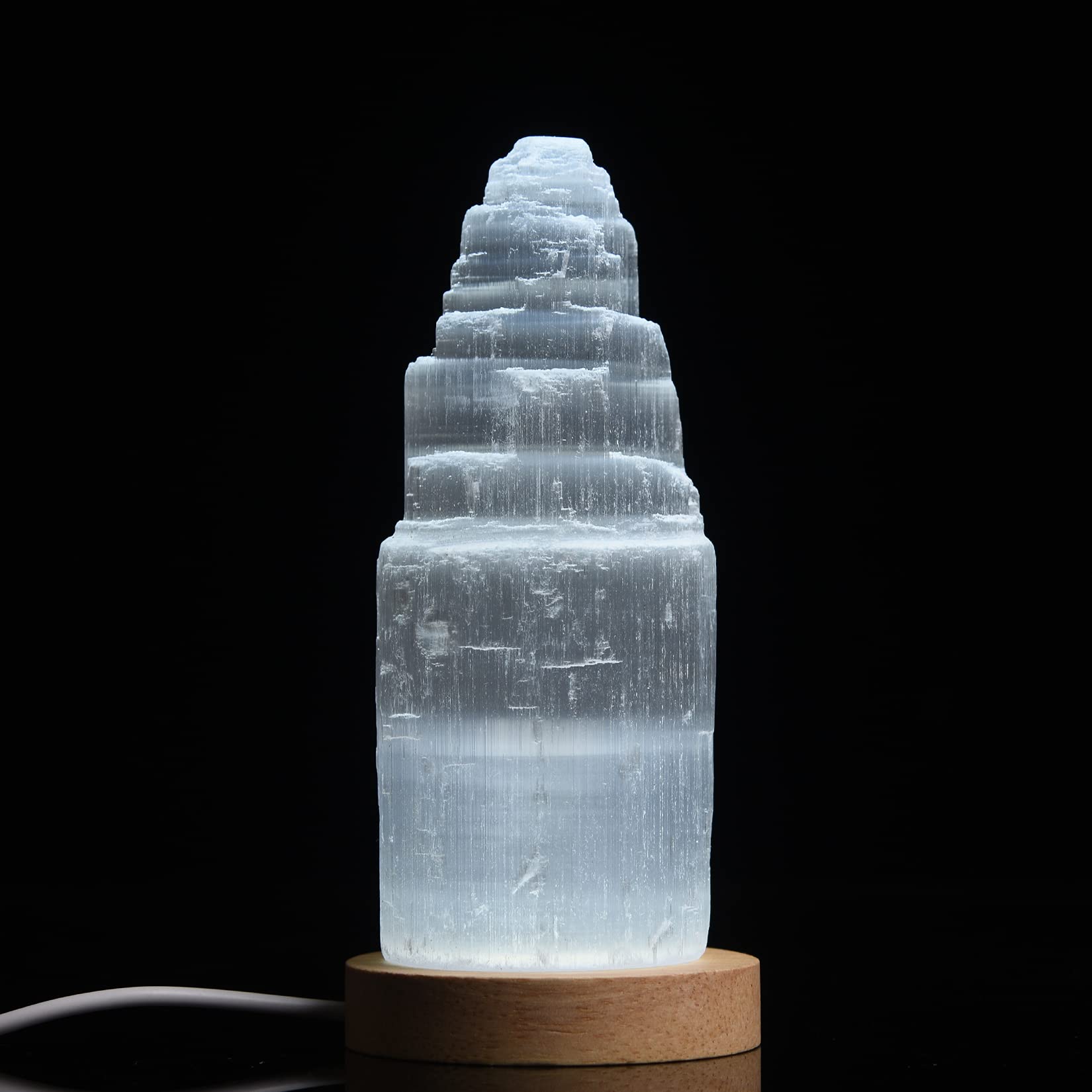 AMOYSTONE Natural Selenite Lamp Small White Crystal Lamp 5" Height Skyscraper Tower with LED Light Base