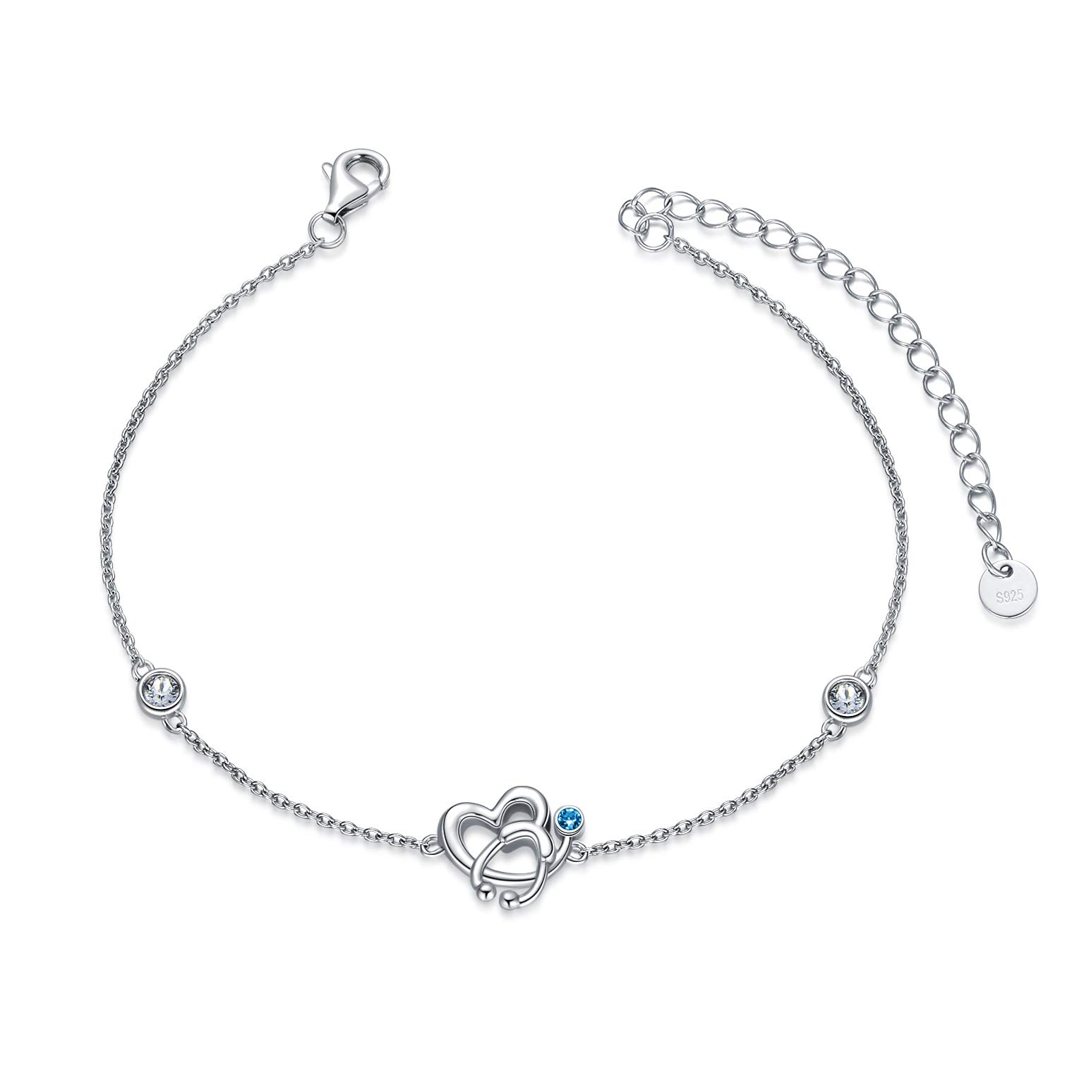 AOBOCO Nurse Bracelet for Women 925 Sterling Silver Stethoscope Charm Birthstone Bracelet with Simulated Aquamarine Blue Crystal, Birthday Graduation Jewelry Gifts for Nurse Doctor RN Medical Student