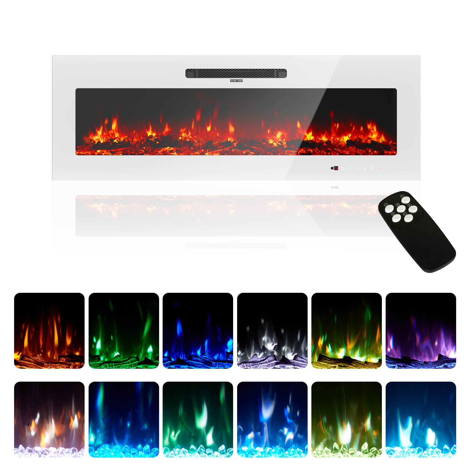 Amerlife 50" Electric Fireplace Wall Mounted, Recessed and Freestanding, Fireplace Heater W/12 Flame Color and Brightness, Touch Screen & Remote Control, Log Set & Crystal Included, White
