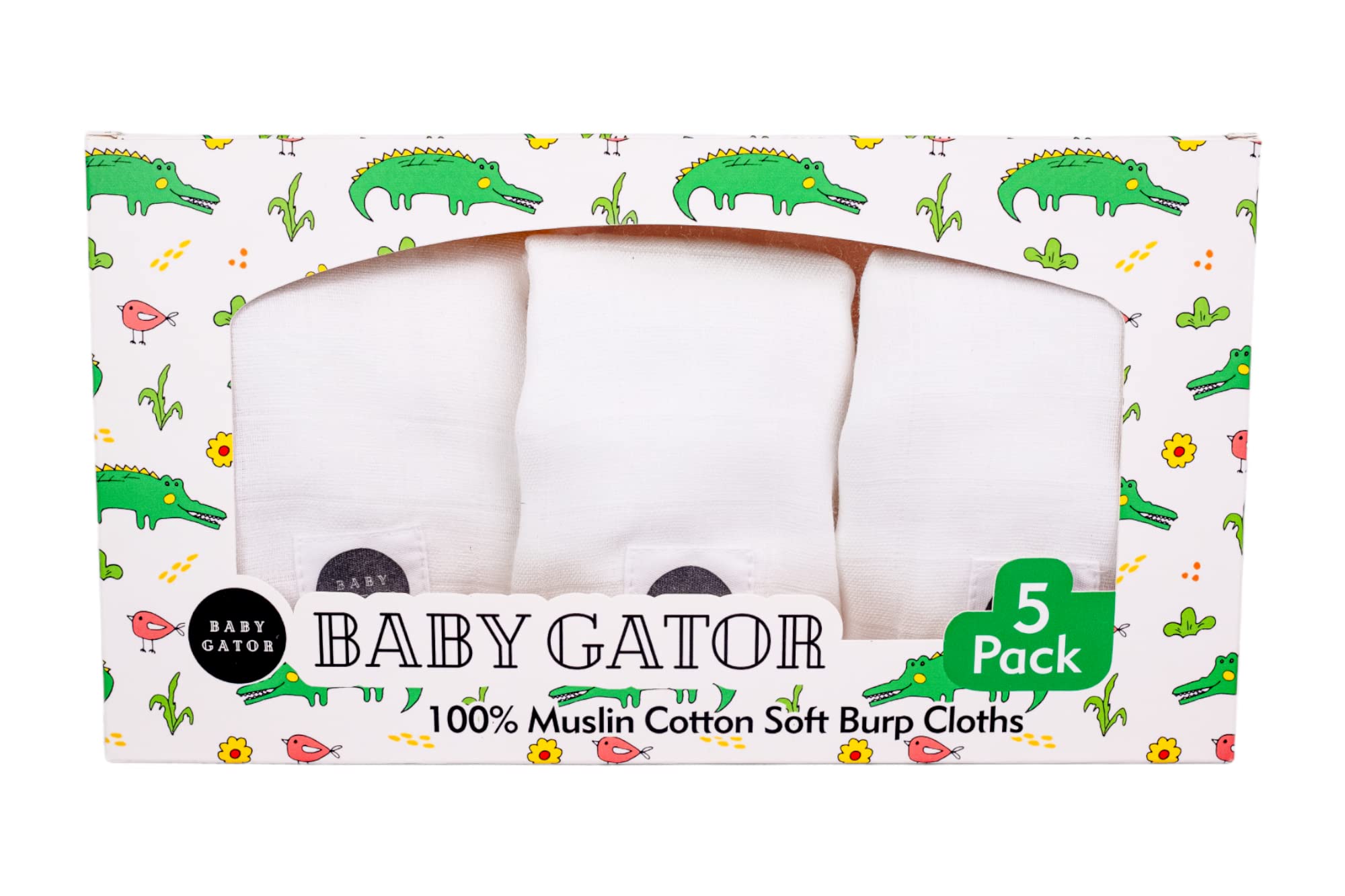 Baby Gator | Organic Bamboo Cotton Muslin Burp Cloths | 5-Pack 20 x 10 Inch | Machine Washable | Absorbent and Light