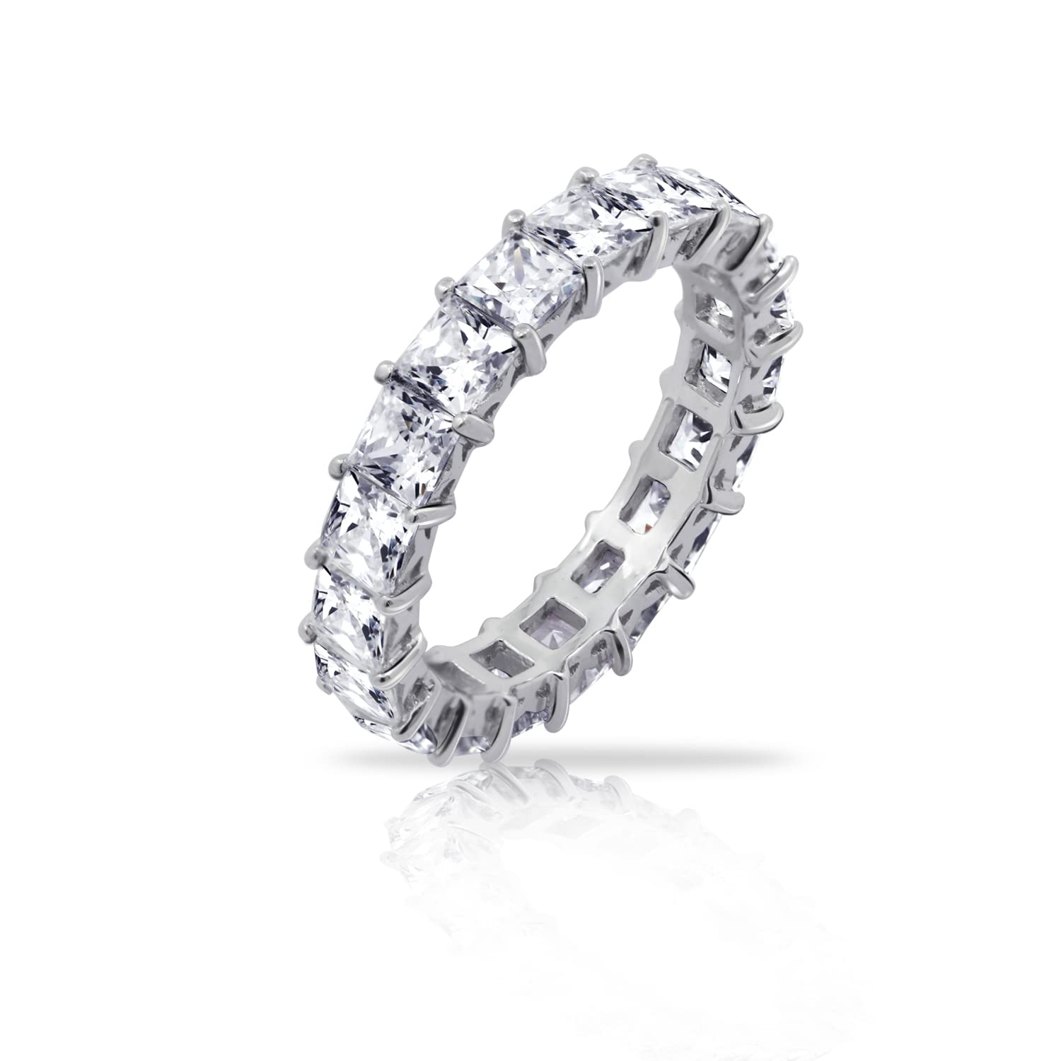 Amazon Collection Platinum-Plated Sterling Silver Princess Cut All-Around Band Ring made with Infinite Elements Cubic Zirconia (7.5 cttw), Size 7