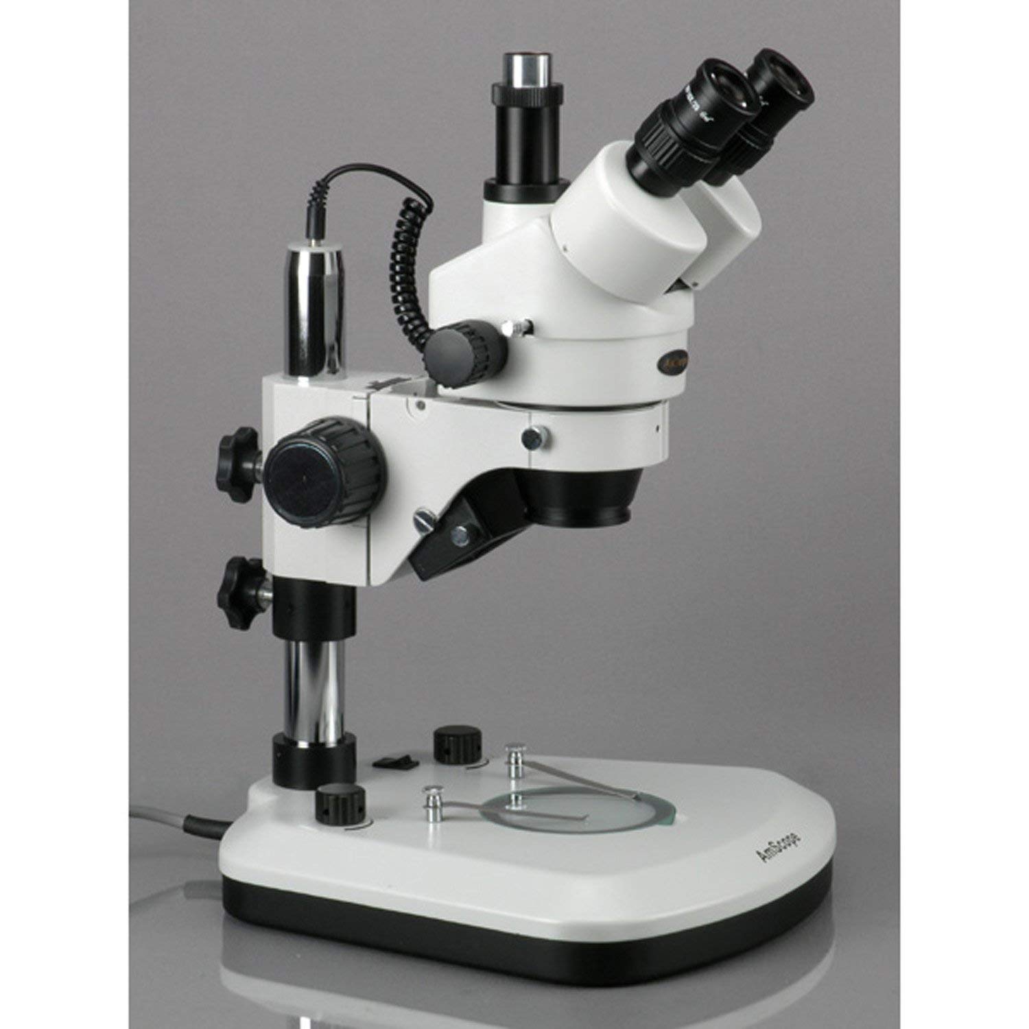 AmScope SM-1TZ-PL Professional Trinocular Stereo Zoom Microscope, WH10x Eyepieces, 3.5X-90X Magnification, 0.7X-4.5X Zoom Objective, Upper and Lower LED Lighting, Large Pillar-Style Table Stand, Includes 0.5X and 2.0X Barlow Lenses