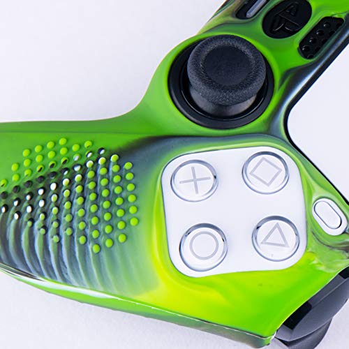 9CDeer 1 Piece of Silicone Studded Dots Protective Sleeve Case Cover Skin + 6 Thumb Grips Analog Caps for PS5 Controller, Camouflage Green