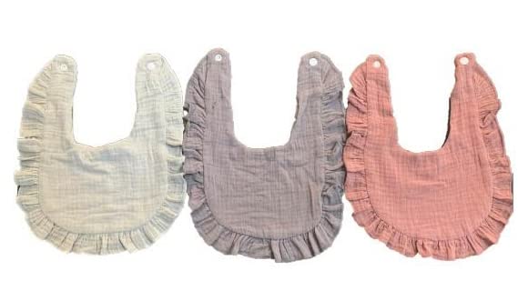 Baby Girl Muslin Ruffle Drooling/Teething Bib 3-Pack (Purple, Pink, Gray), One Size
