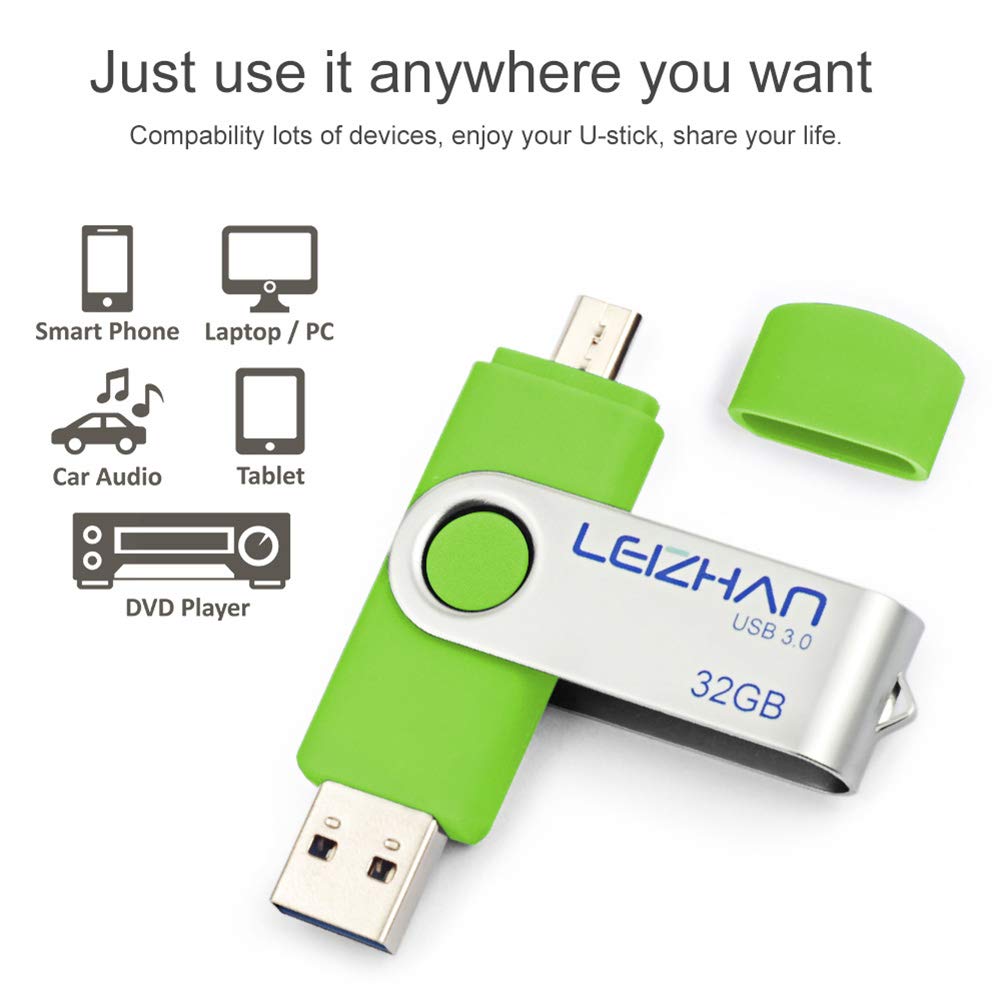 leizhan Thumb Drive 64 gb High Speed USB Flash Drive 3.0 for Samsung Galaxy S7/S6/S5/S4/S3/Note5/4/3/2/A7, Micro-USB 3.0 Memory Stick, Green