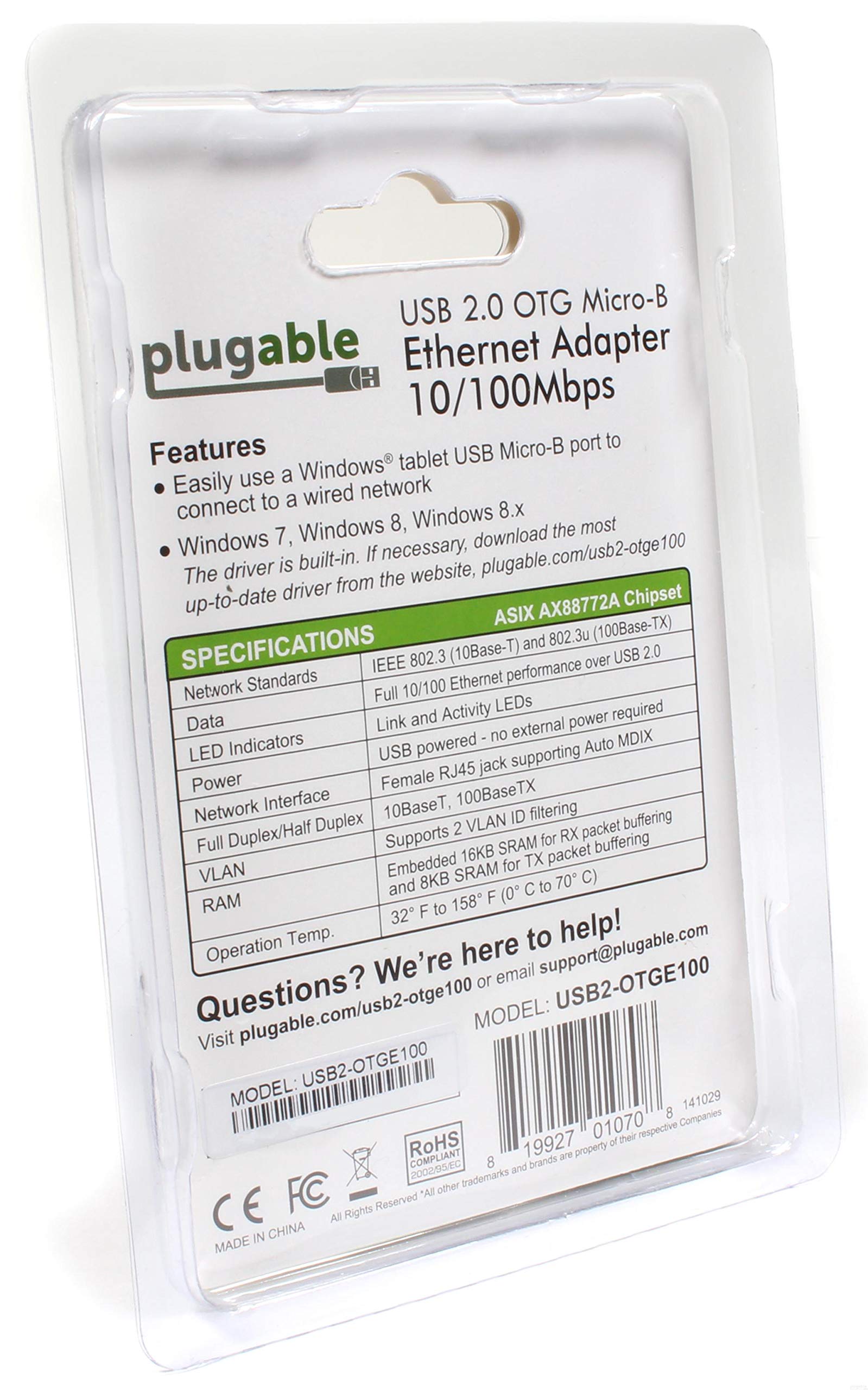 Plugable USB 2.0 OTG Micro-B to 100Mbps Fast Ethernet Adapter Compatible with Windows Tablets, Raspberry Pi Zero, and Some Android Devices (ASIX AX88772A chipset).