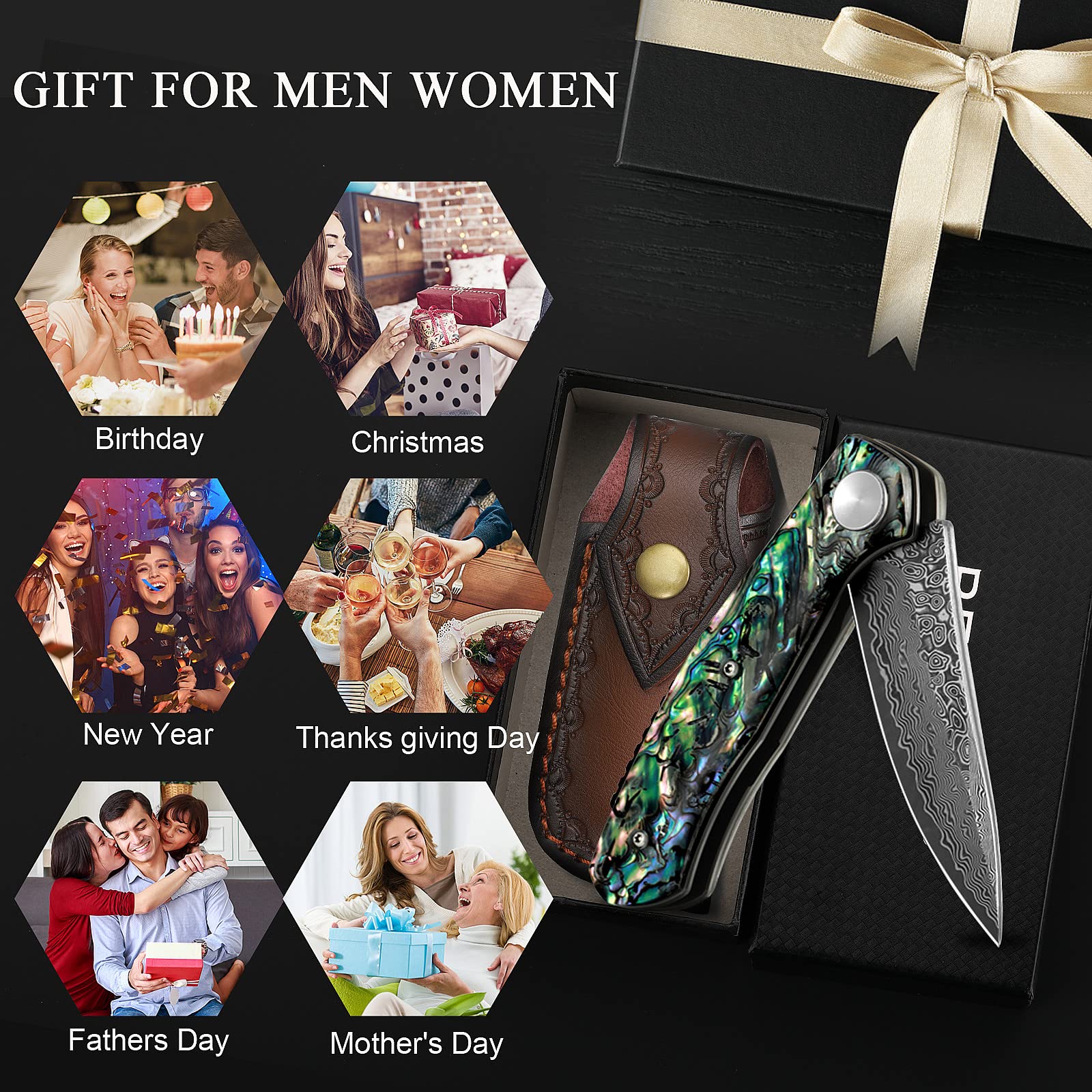 Benkey VG10 Damascus Abalone Seashells Pocket Knife 3 Pack and VG10 Damascus Natural Wood Pocket Knife Bundles