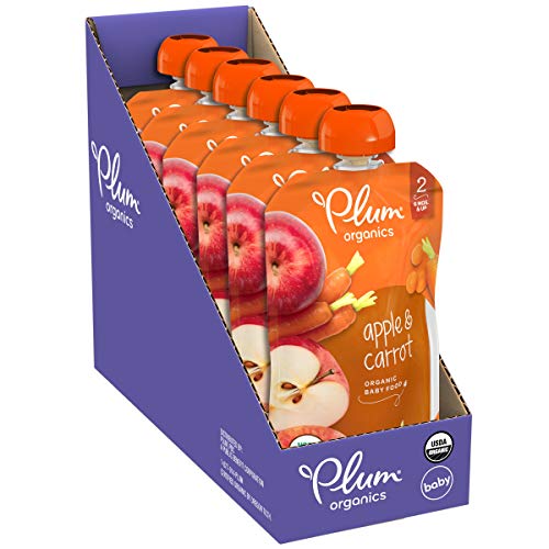 Plum Organics Apple and Carrot Baby Puree Food in Pouch, Organic Food Squeeze, Non GMO, 4 Ounce (Pack of 6)