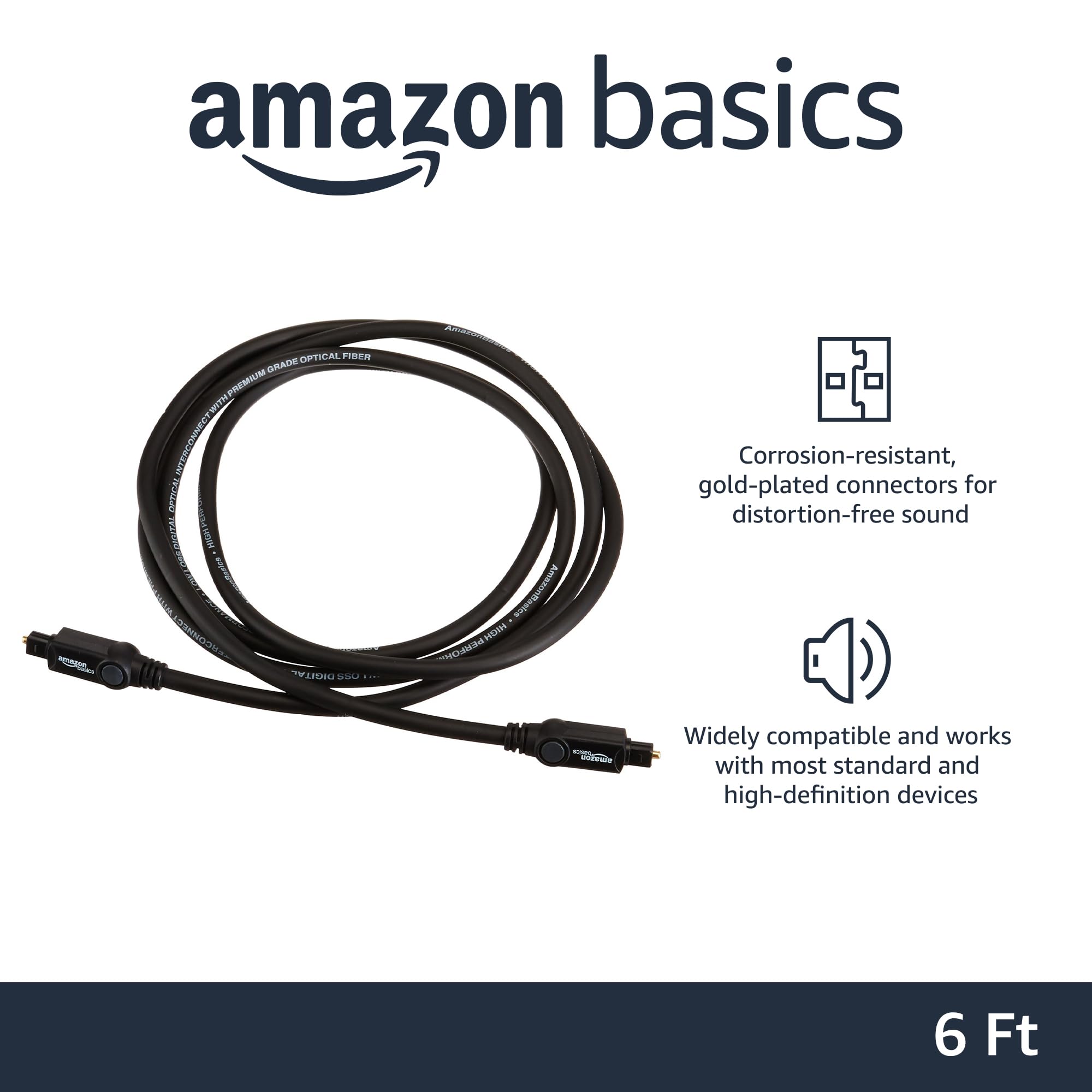 Amazon Basics Digital Optical Audio Toslink Cable for Sound Bar to TV, 6 Feet (1.8 Meters) - Pack of 5, Black
