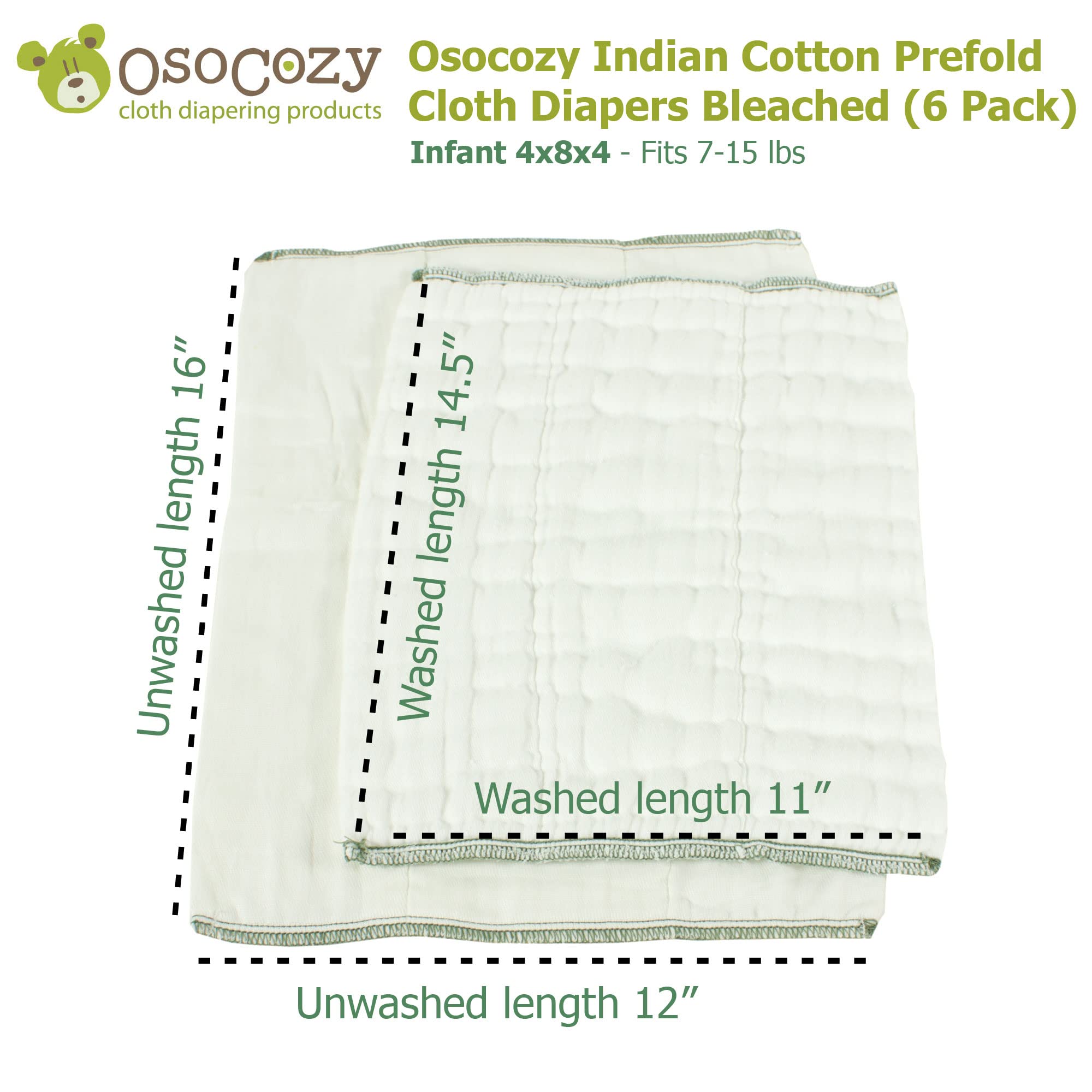 OsoCozy Prefolds Bleached Cloth Baby Diapers, Size 1 (7-15 lbs), Soft, Absorbent and Durable 100% Natural Cotton, Our Top Selling Diaper Service Quality Prefolds - (6 Pack)