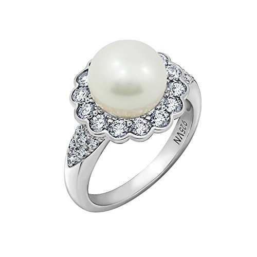 Amazon Collection Platinum Plated Sterling Silver Infinite Elements Cubic Zirconia Freshwater Cultured Flower Pearl Ring, Size 8